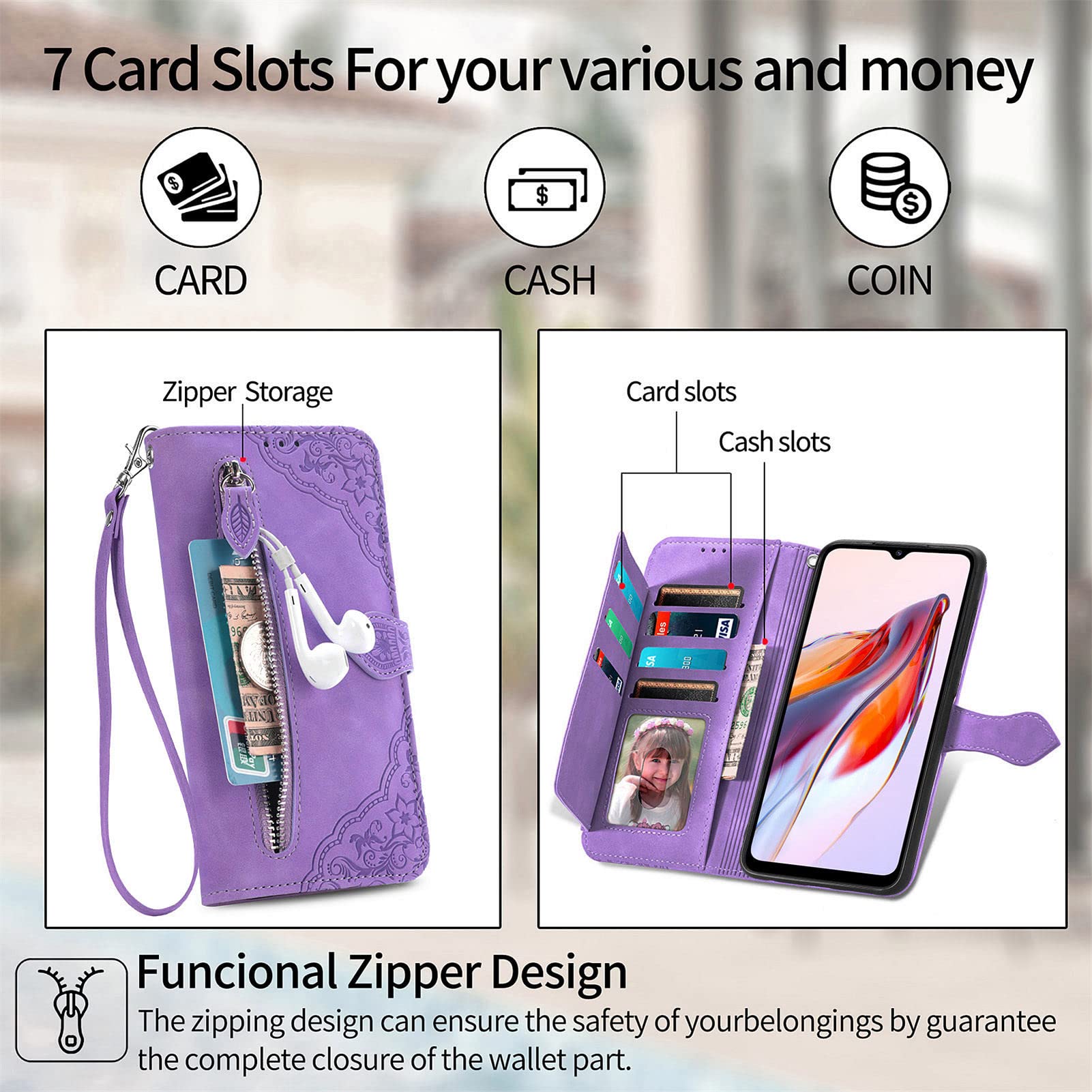 DAMONDY for Xiaomi Redmi 12C Zipper Wallet Case,Xiaomi Redmi 12C Case,Premium Magnetic Closure Stand Function Folio PU Leather Flip Cover Inner Soft TPU Case for Xiaomi Redmi 12C -Purple