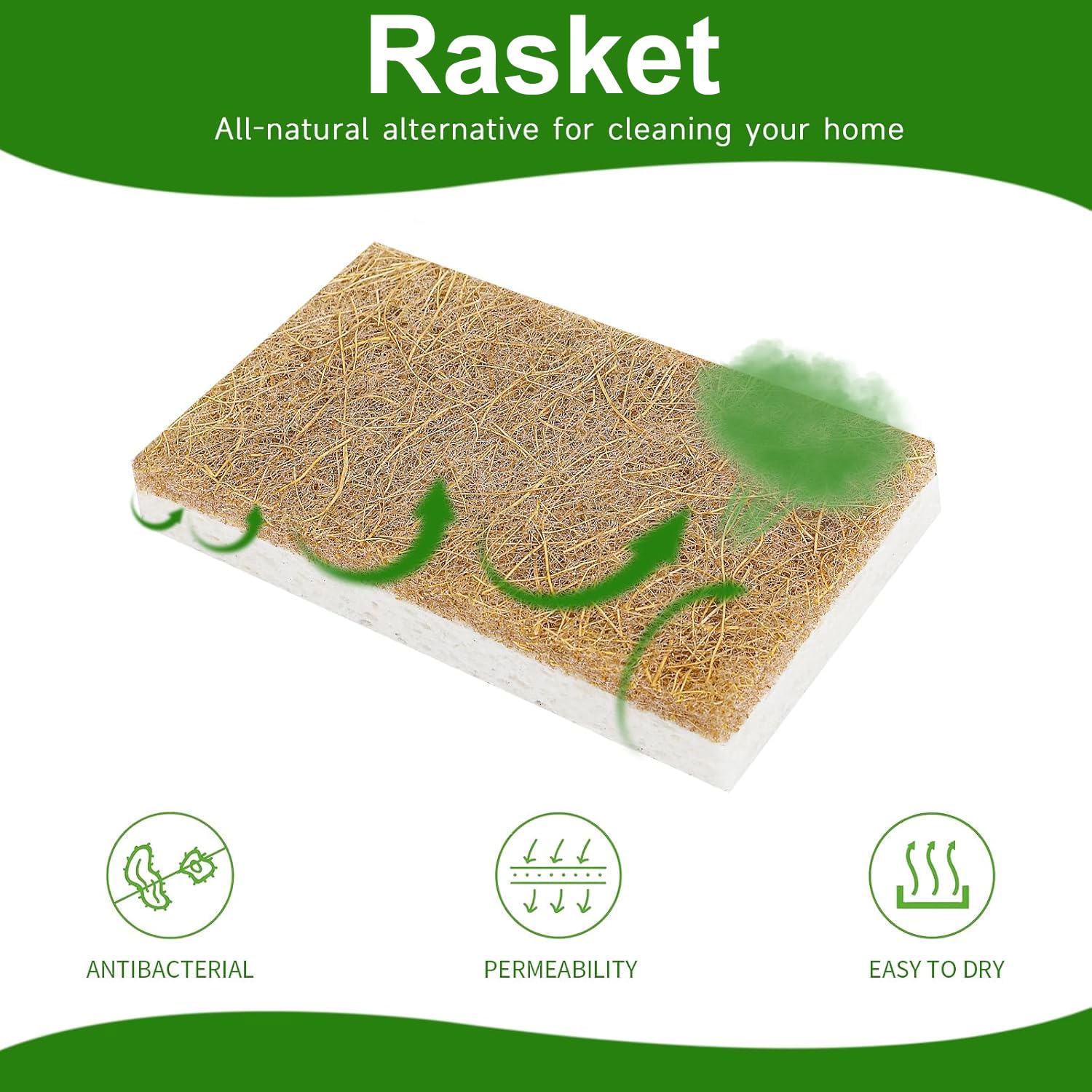 Rasket 10 Pack Biodegradable Natural Sponges Kitchen - Compostable Cellulose and Coconut Walnut Scrubber Sponge - Eco Friendly Sponges for Dishes