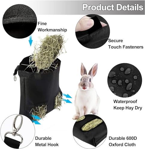 Lemcrvas Hay Feeder Bag, 2Pcs - 600D Oxford Cloth, 11x9.4in, 2 Holes, for Rabbit, Guinea Pig, Hamster, Chinchilla, Holds Large Hay, Reduces Mess, Easy to Use
