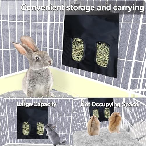 Lemcrvas Hay Feeder Bag, 2Pcs - 600D Oxford Cloth, 11x9.4in, 2 Holes, for Rabbit, Guinea Pig, Hamster, Chinchilla, Holds Large Hay, Reduces Mess, Easy to Use