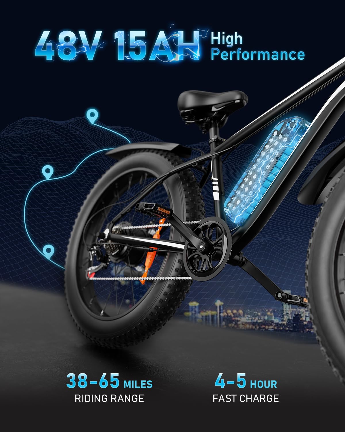 AMYET EB26 Electric Bike for Adults Peak 1500W Electric Bicycle 48V 15AH (720WH) Battery Electric Bike 26" Fat Tire Mountain 28mph 7 Speed Gears Dual Shock Absorber Ebike (Black)