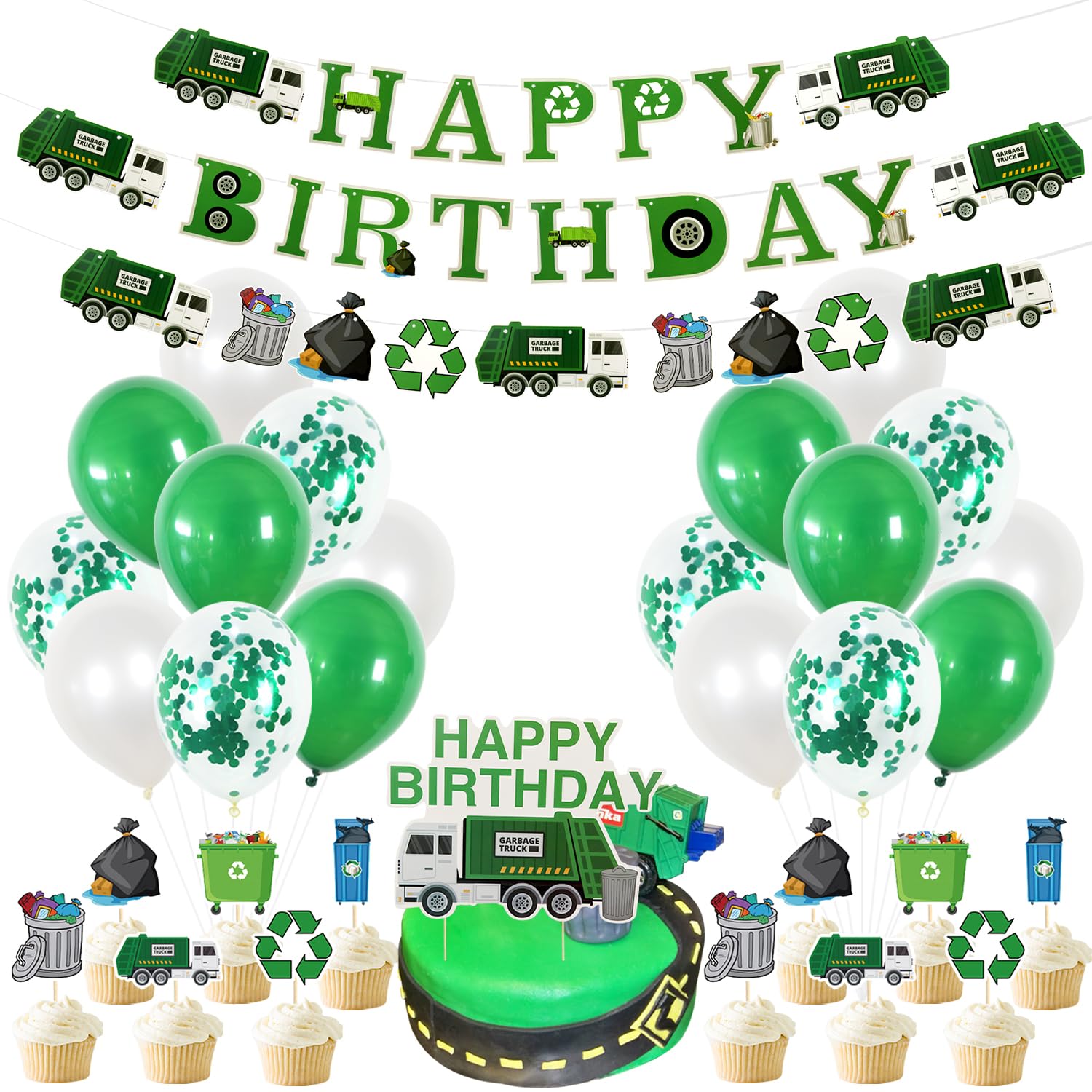 KEFAN Trash Truck Party Decorations, Garbage Truck Birthday Party Supplies with Happy Birthday Banner, latex Balloons, cupcake Toppers, for Kids Waste Management Recycling Birthday Party Decor