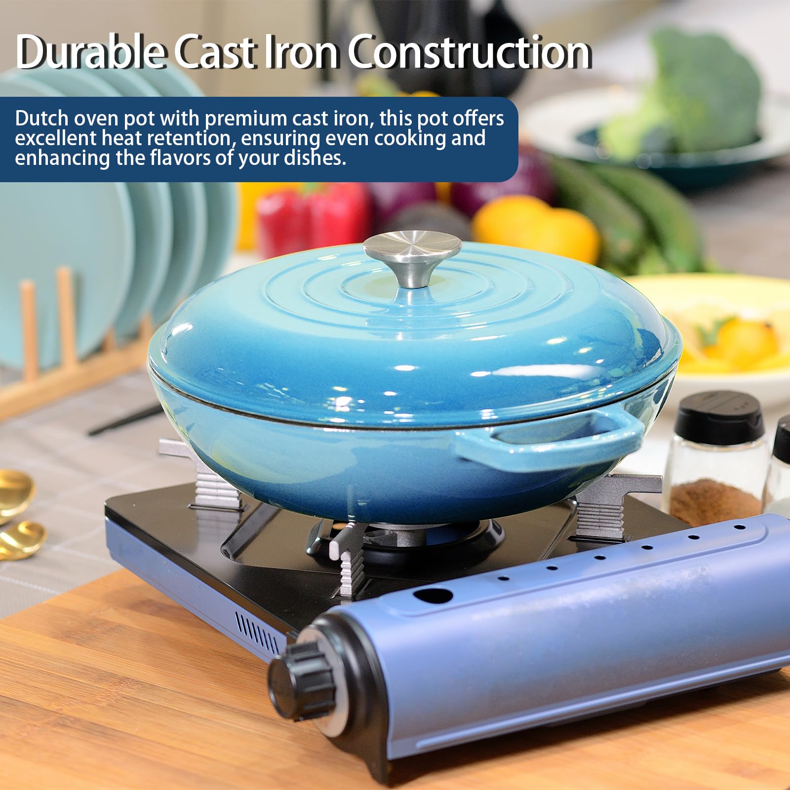 AILIBOO 3 Quart Enamel Cast Iron Dutch Oven Pot with Lid-Versatile dutch oven, excellent for stovetop cooking and baking various recipes-Oven Safe up to 500° For on Stovetop-Gradient Blue