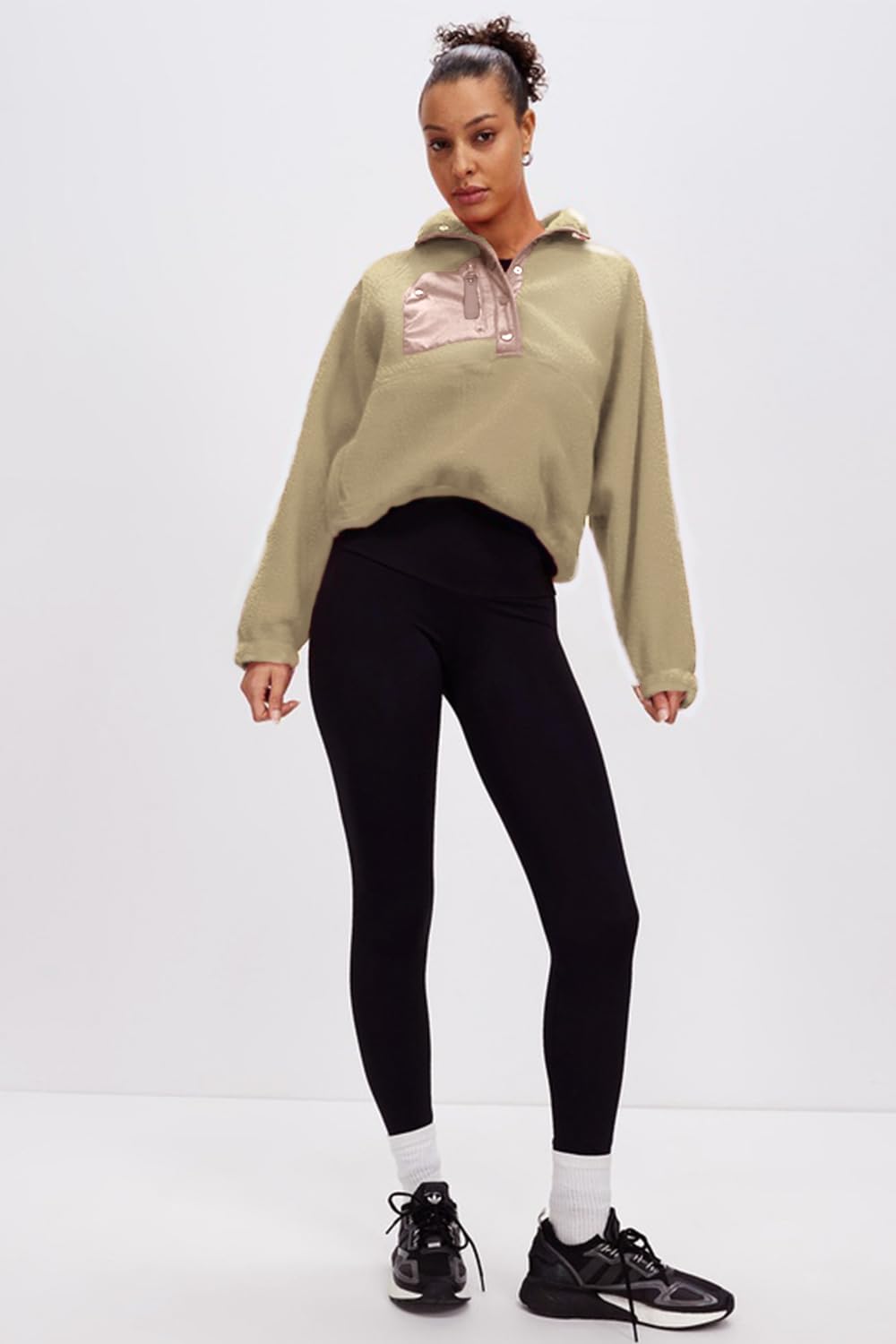 Womens Oversized Sweatshirt Sherpa Sweatshirts Fuzzy Fleece Pullover Fluffy Outerwear with Pockets Camel S