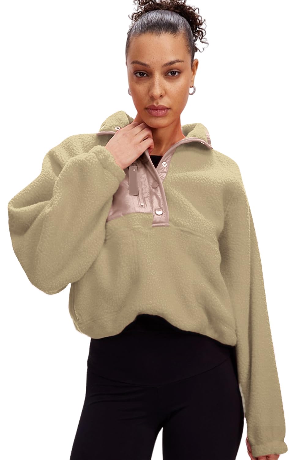 Womens Oversized Sweatshirt Sherpa Sweatshirts Fuzzy Fleece Pullover Fluffy Outerwear with Pockets Camel S