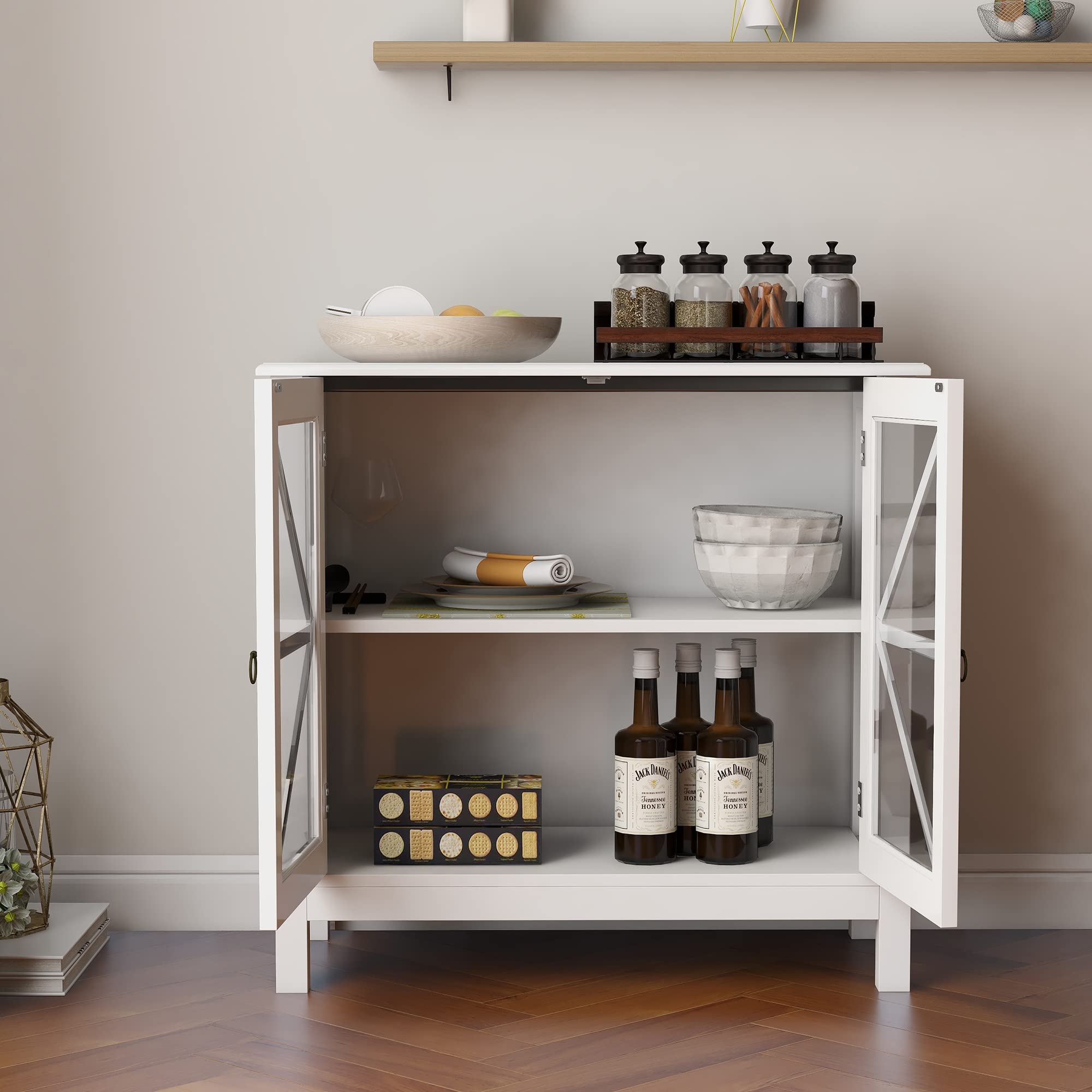 Kitchen Buffet Cabinet with Storage Modern Sideboard with Double Glass Doors and Wooden Shelf Freestanding Cupboard for Living Room, Hallway, Dining Room, White
