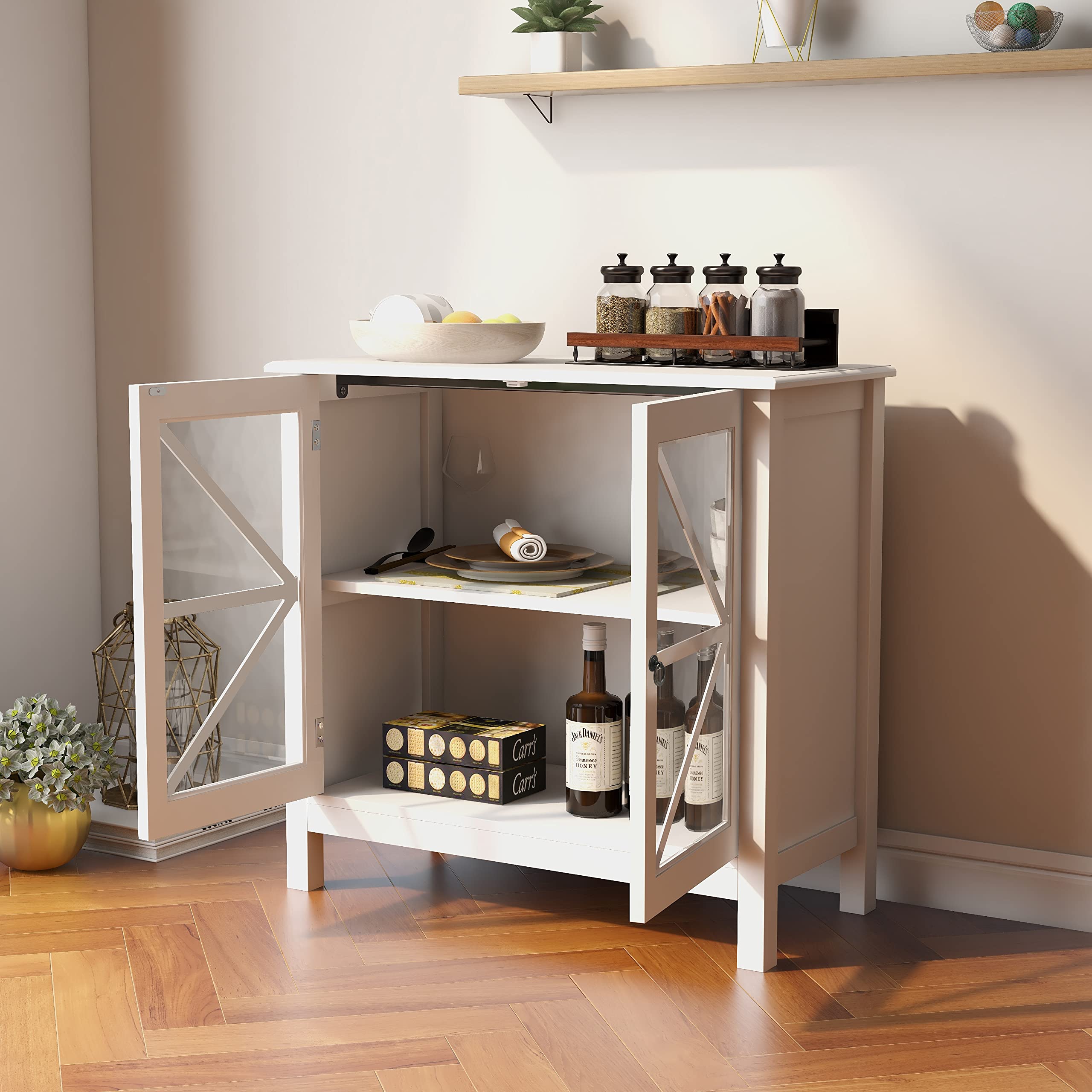 Kitchen Buffet Cabinet with Storage Modern Sideboard with Double Glass Doors and Wooden Shelf Freestanding Cupboard for Living Room, Hallway, Dining Room, White