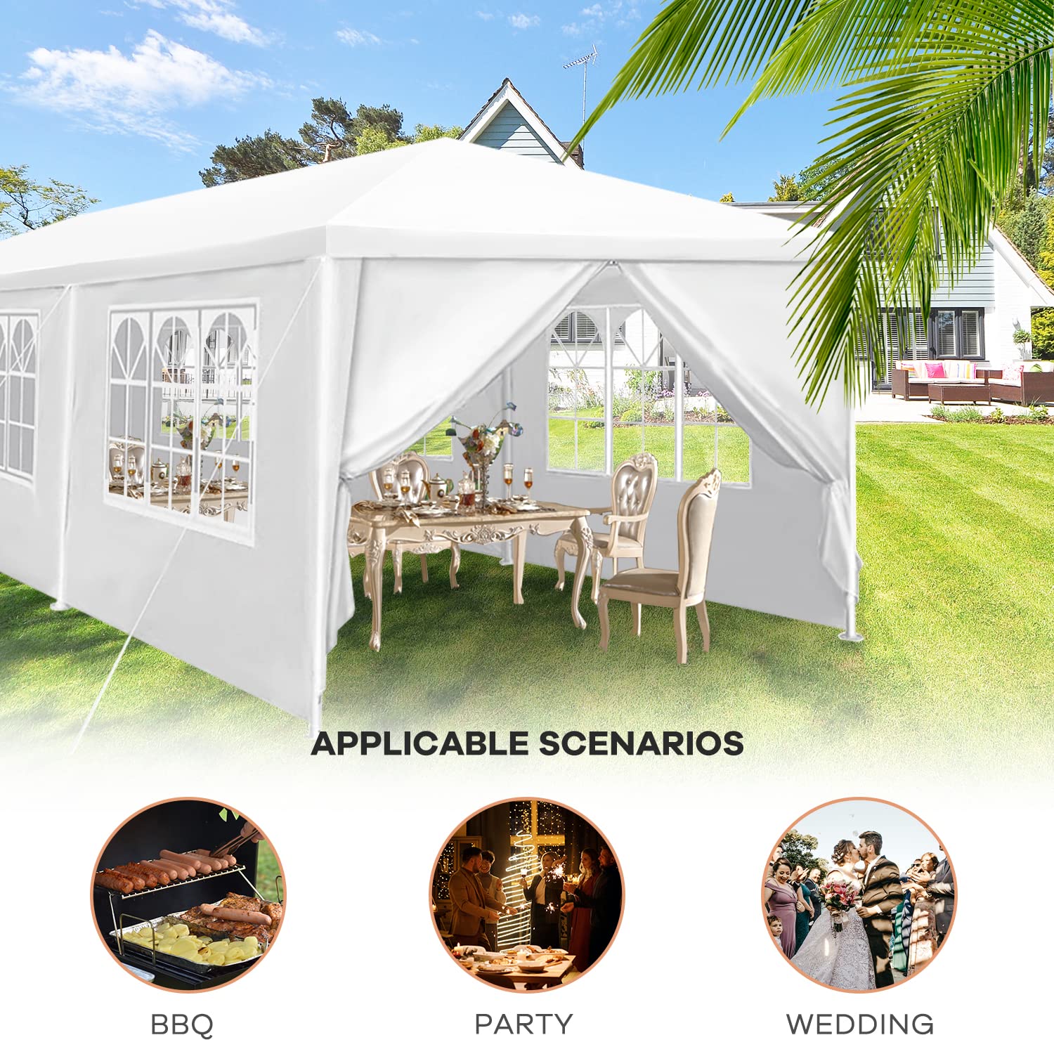 10X30ft Outdoor Gazebo, Canopy Tent Heavy Duty Wedding Party Tent with 8 Removable Sidewalls for Outdoor Wedding, BBQ, Camping, Backyard, Tents for Parties