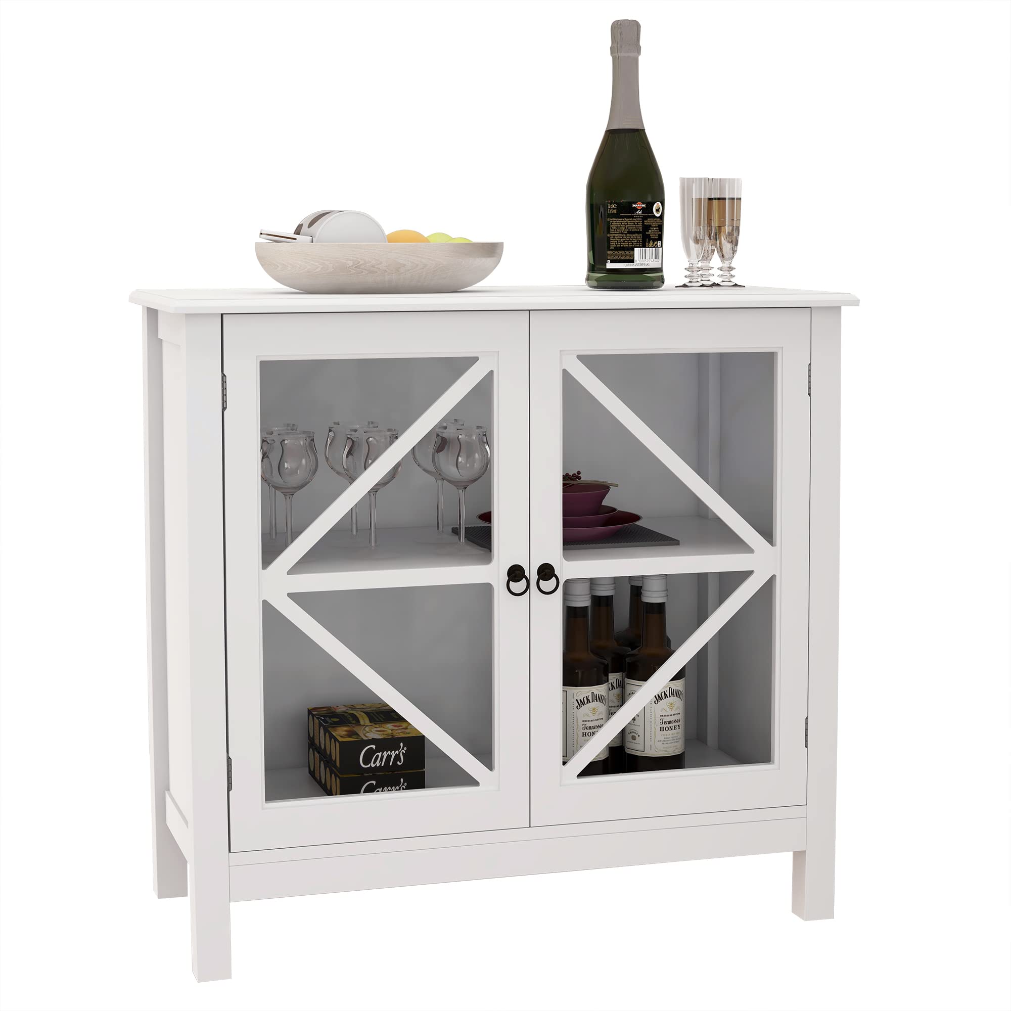 Kitchen Buffet Cabinet with Storage Modern Sideboard with Double Glass Doors and Wooden Shelf Freestanding Cupboard for Living Room, Hallway, Dining Room, White