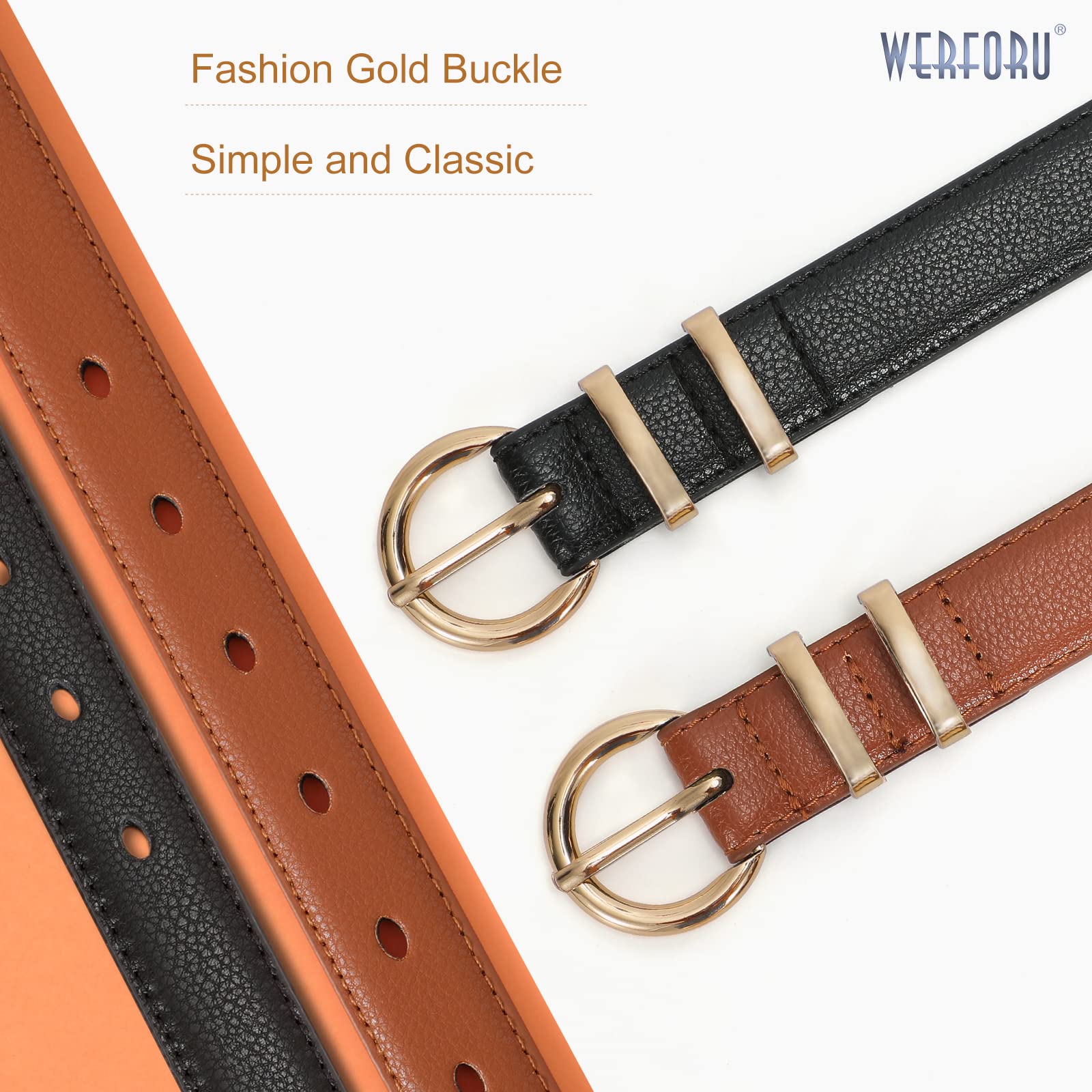 WERFORU 2 Pack Women Leather Belt Waist Skinny Dress Belts Solid Pin Buckle Belt for Jeans Pants