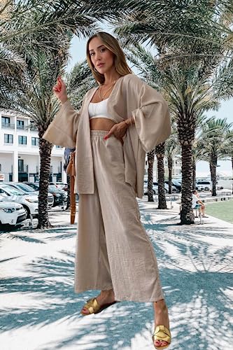 Asskdan Womens 2 Piece Outfits Lounge Sets Linen High Waisted Pants Oversized Cardigan (x_l, Apricot)