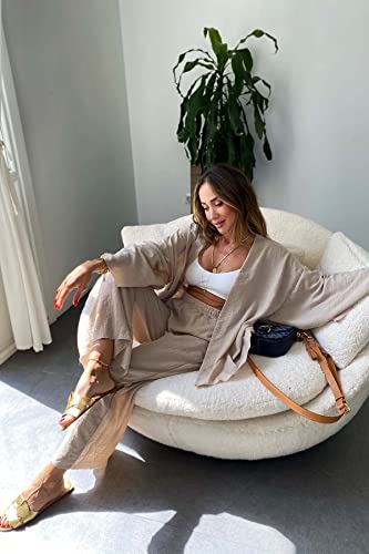 Asskdan Womens 2 Piece Outfits Lounge Sets Linen High Waisted Pants Oversized Cardigan (x_l, Apricot)