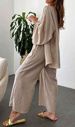 Asskdan Womens 2 Piece Outfits Lounge Sets Linen High Waisted Pants Oversized Cardigan (x_l, Apricot)