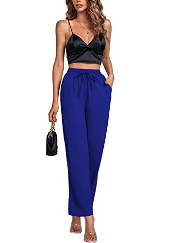 Umenlele Women's Casual Drawstring Elastic High Waist Pants Sport Yoga Jogger Trousers with Pockets Royal Blue Medium