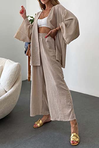 Asskdan Womens 2 Piece Outfits Lounge Sets Linen High Waisted Pants Oversized Cardigan (x_l, Apricot)