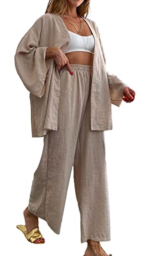 Asskdan Womens 2 Piece Outfits Lounge Sets Linen High Waisted Pants Oversized Cardigan (x_l, Apricot)