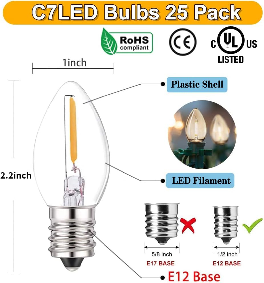 C7 LED Replacement Christmas Light Bulb, 25 Pack C7 Shatterproof LED Bulbs for Christmas Outdoor String Lights, E12 Candelabra Base, Commercial Grade Holiday Bulbs, Warm White