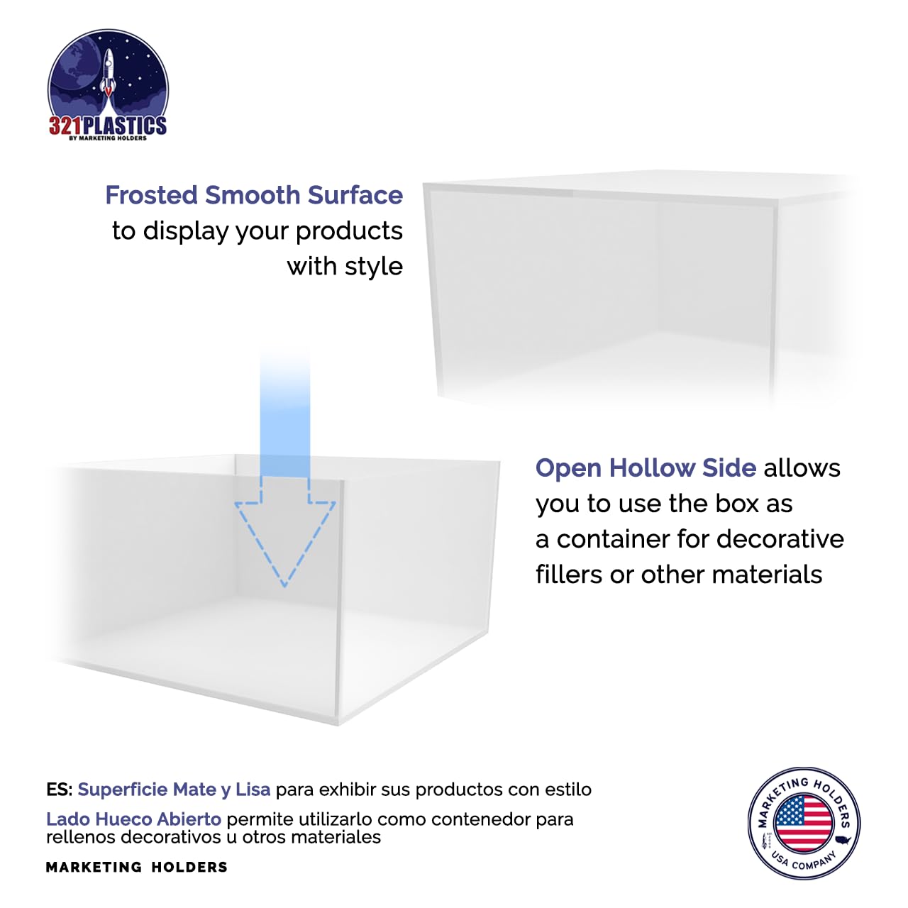 Frosted Acrylic Display Box Counter Retail Merchandise Storage Bin No Lid with Open Bottom 7" x 7" x 4" Flippable Cubby for Tradeshows and Expos by Marketing Holders