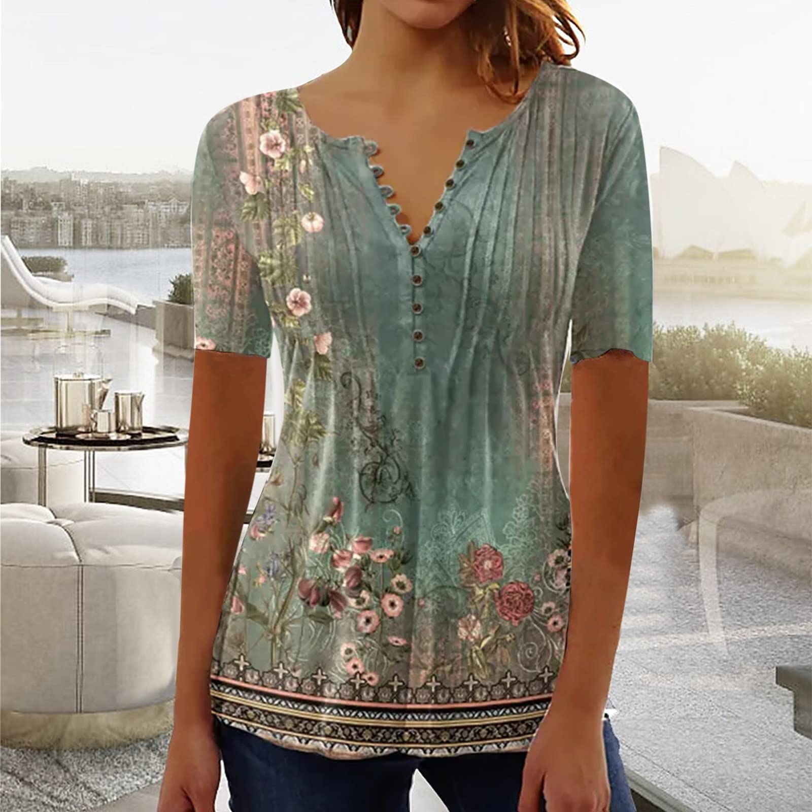 SMIDOW Plus Size Tunic Tops for Women Trendy 2024 Boho Floral Shirts Short Sleeve Notch v Neck t-Shirt Graphic Tees Blouse