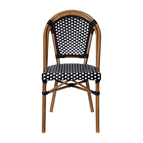 Taylor & Logan Nadia Indoor/Outdoor Stackable Bistro Chairs in Black/White PE Rattan with Bamboo Print Frame, Set of 2