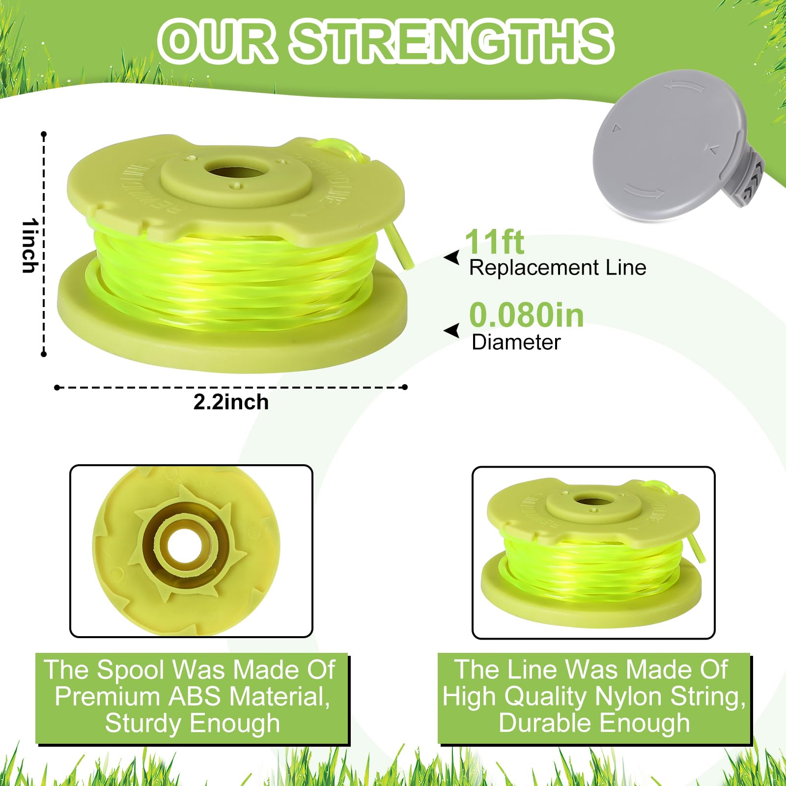 Hiboom 30 Pcs String Trimmer Line Weed Wacker String AC80RL3 Weed Rope String Twisted Weed Whip String and 6 Pcs Trimmer Cap Cover Compatible with Ryobi 18V 24V 40V Cordless Trimmers, 11 ft