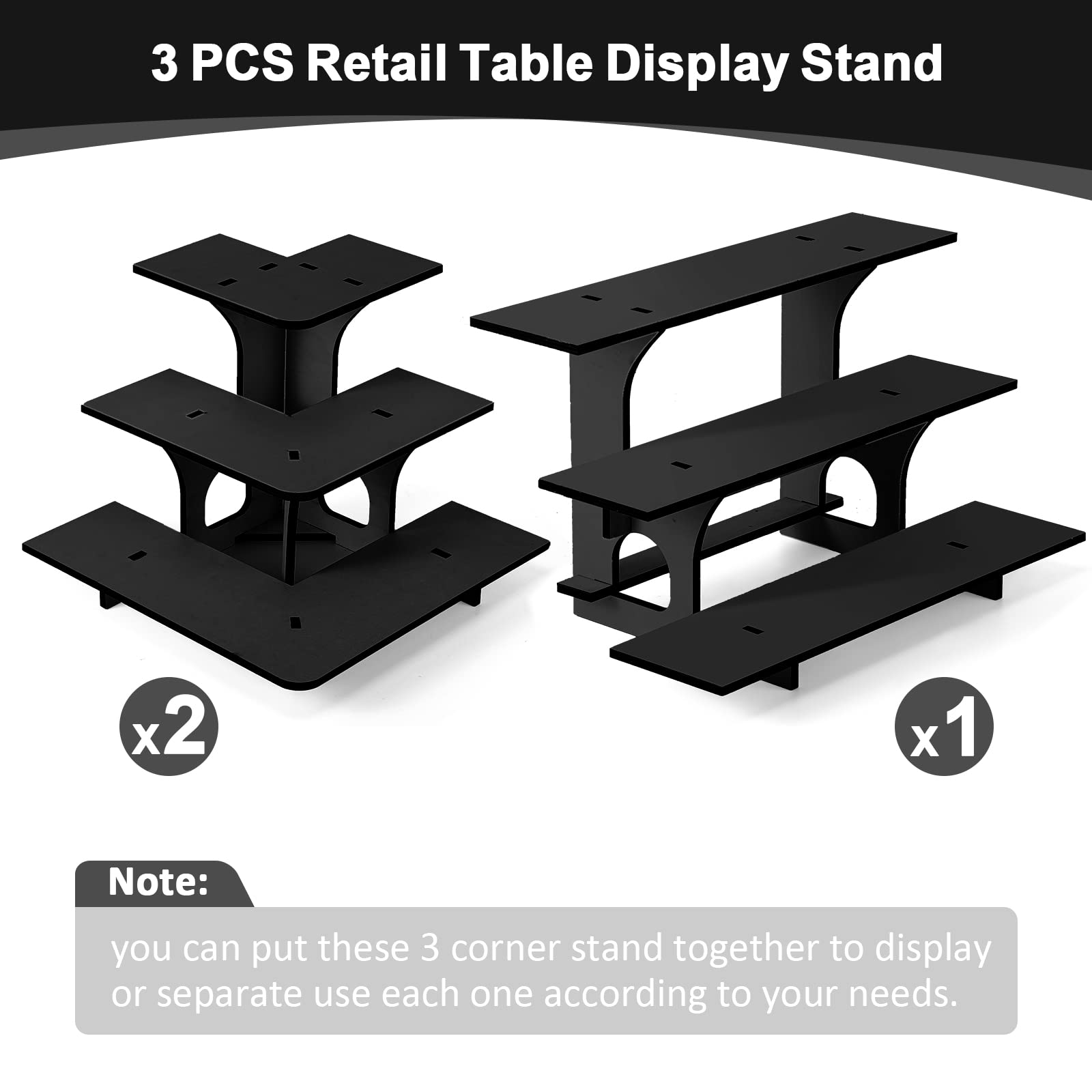 3 Pcs 3 Tiers Retail Table Display Stand Wooden Corner Display Rack Portable Shelf Rack for Retail Table Top, Counter Top, Craft Shows, Farmers Market, Trade Shows Small Products Display (Black)