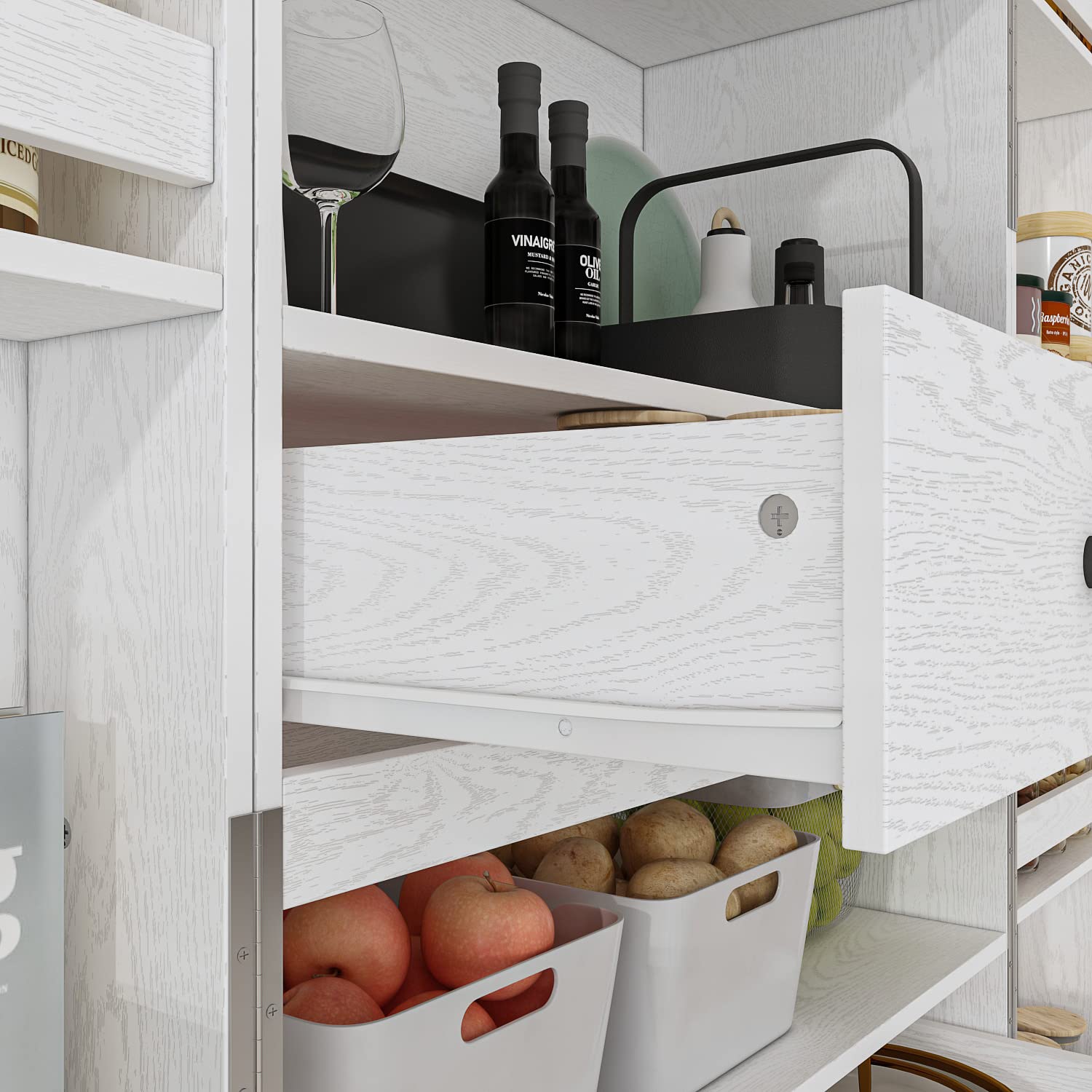 AIEGLE Kitchen Pantry Cabinet with Sliding Tray, 2 Door Freestanding Cupboard Storage Organizer with Drawers, Wine & Seasoning Rack, White 68.9" Tall