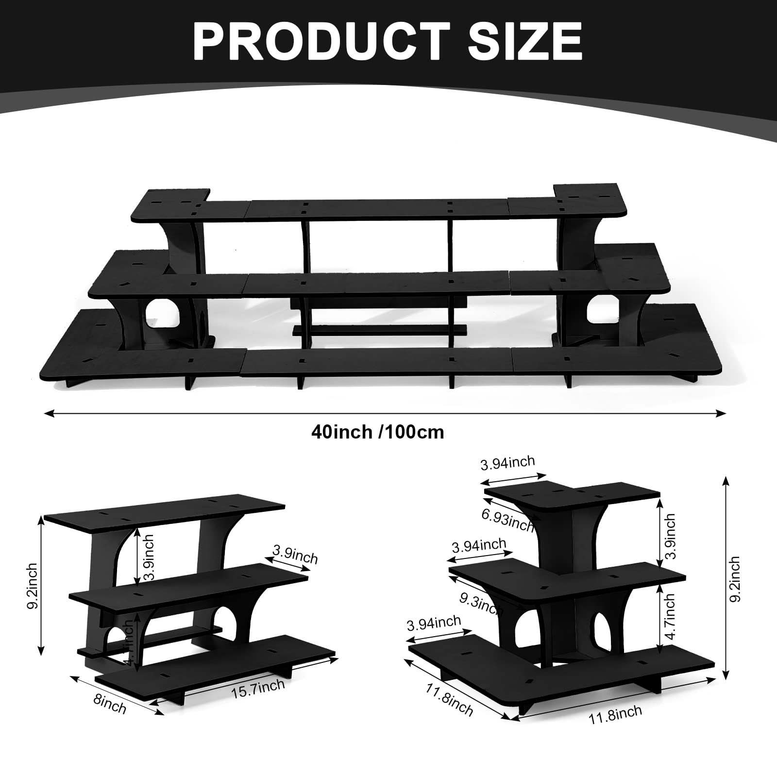 3 Pcs 3 Tiers Retail Table Display Stand Wooden Corner Display Rack Portable Shelf Rack for Retail Table Top, Counter Top, Craft Shows, Farmers Market, Trade Shows Small Products Display (Black)