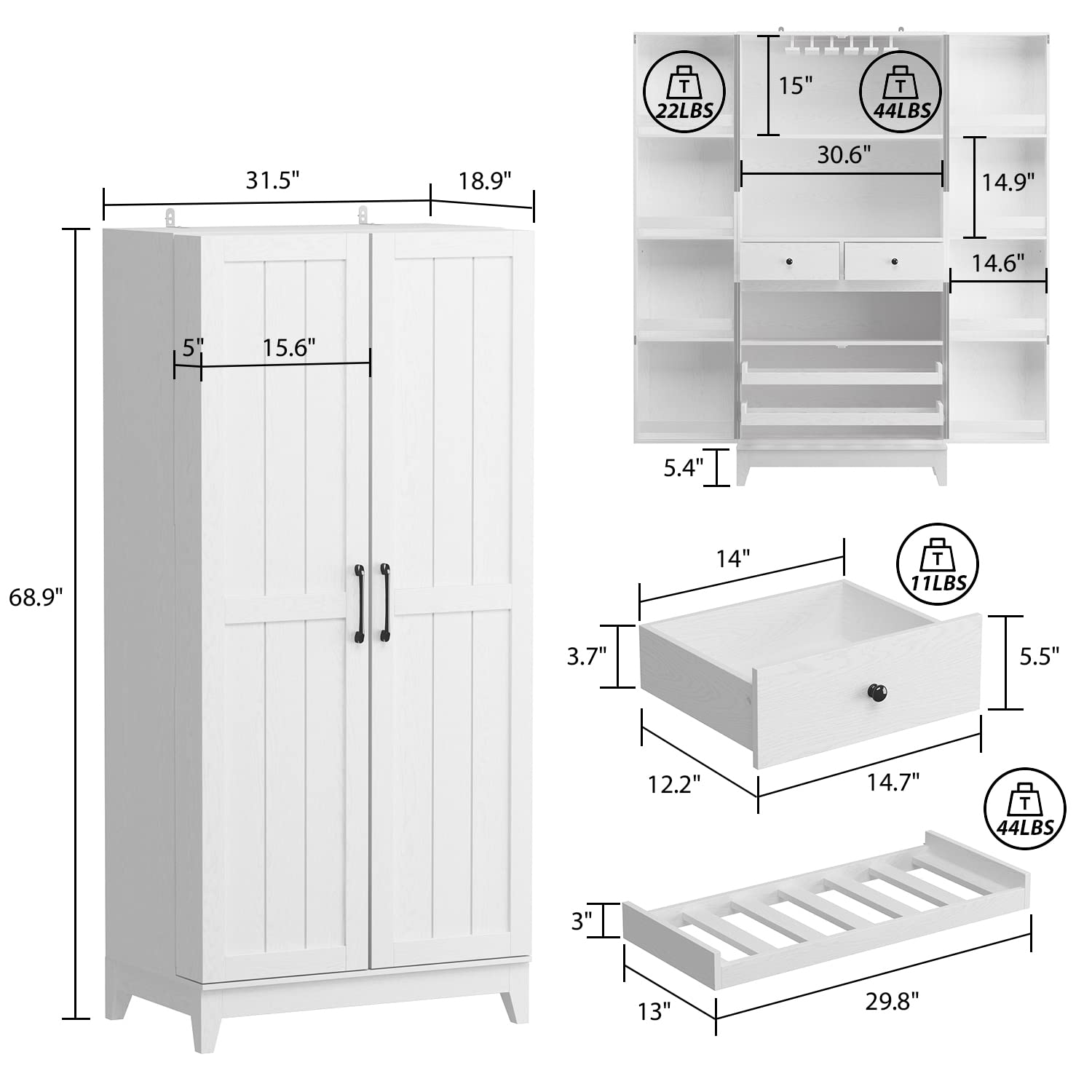 AIEGLE Kitchen Pantry Cabinet with Sliding Tray, 2 Door Freestanding Cupboard Storage Organizer with Drawers, Wine & Seasoning Rack, White 68.9" Tall