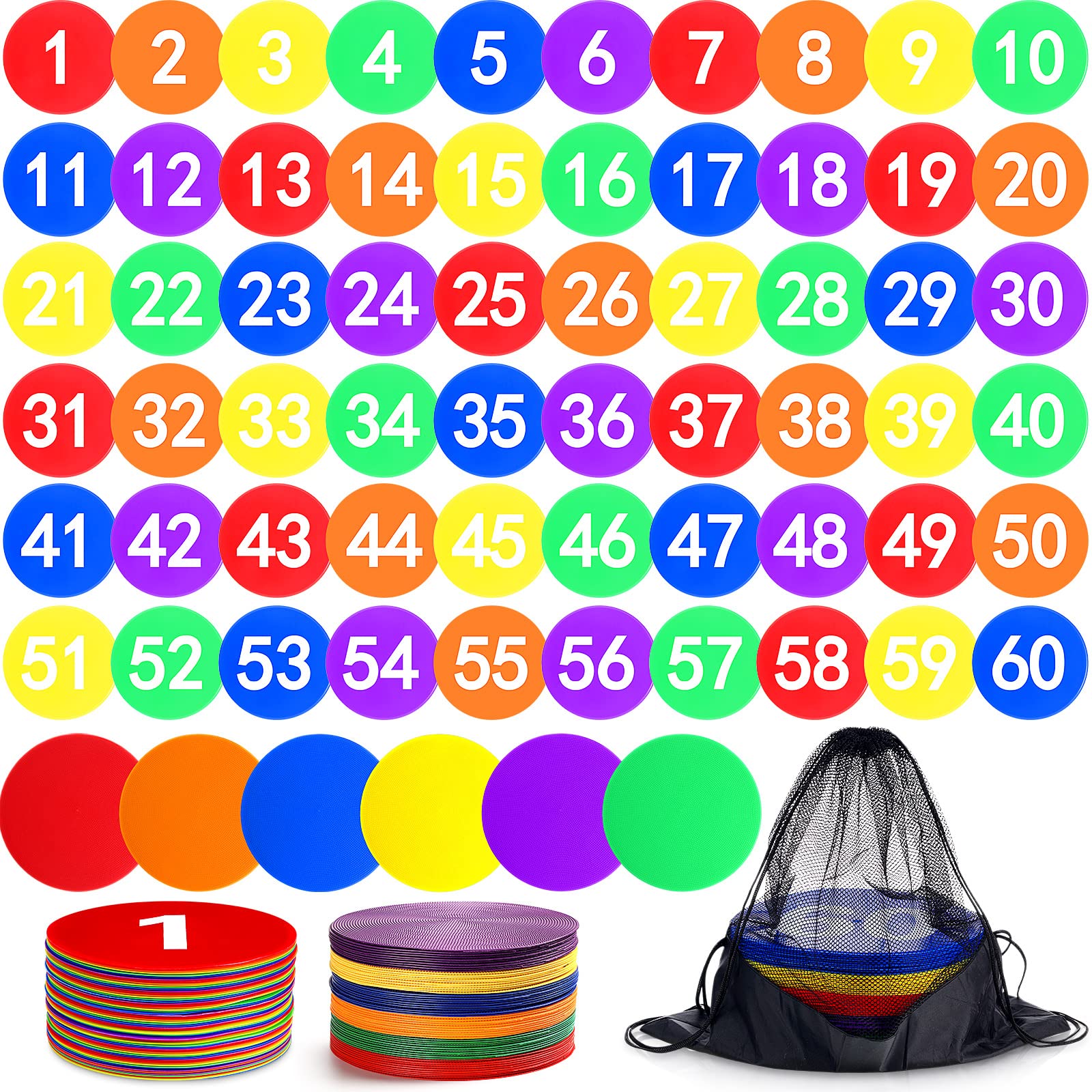 Haull 60 Pcs Spot Markers Floor Spots with Bag Non Slip Vinyl Poly Dots Spots Markers for Gym Floor Basketball Football Soccer Sports Speed Agility Training Gym Dance Classroom Org (Number,9 Inch)