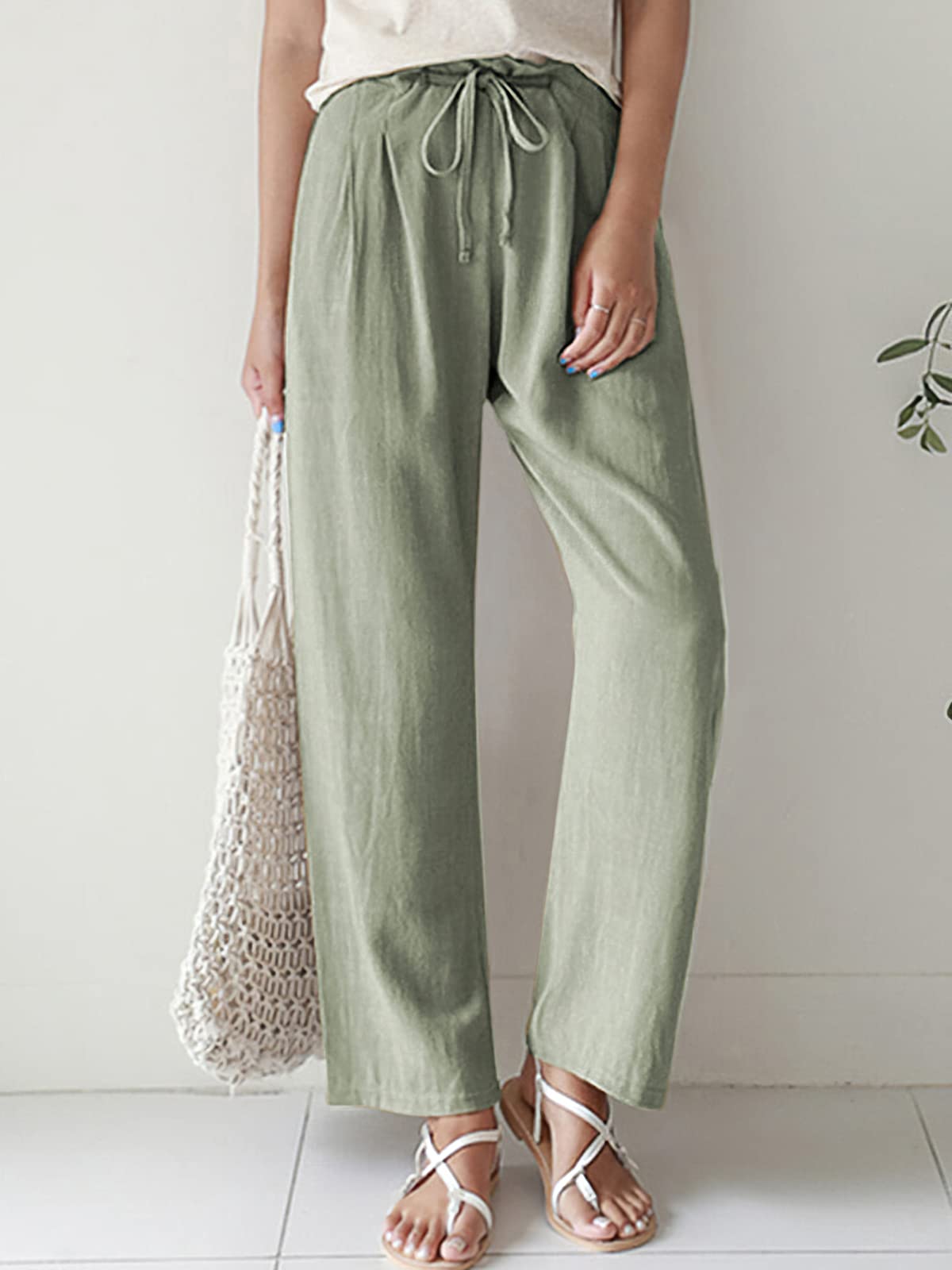 ebossy Women's Summer Drawstring Elastic Waist Cotton Linen Utility Beach Palazzo Pants Pockets (M, Green)