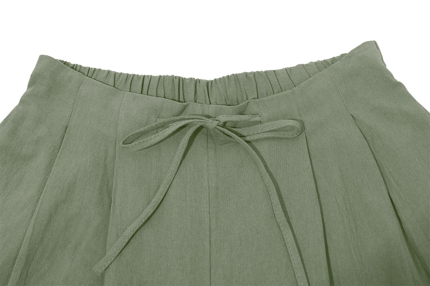 ebossy Women's Summer Drawstring Elastic Waist Cotton Linen Utility Beach Palazzo Pants Pockets (M, Green)
