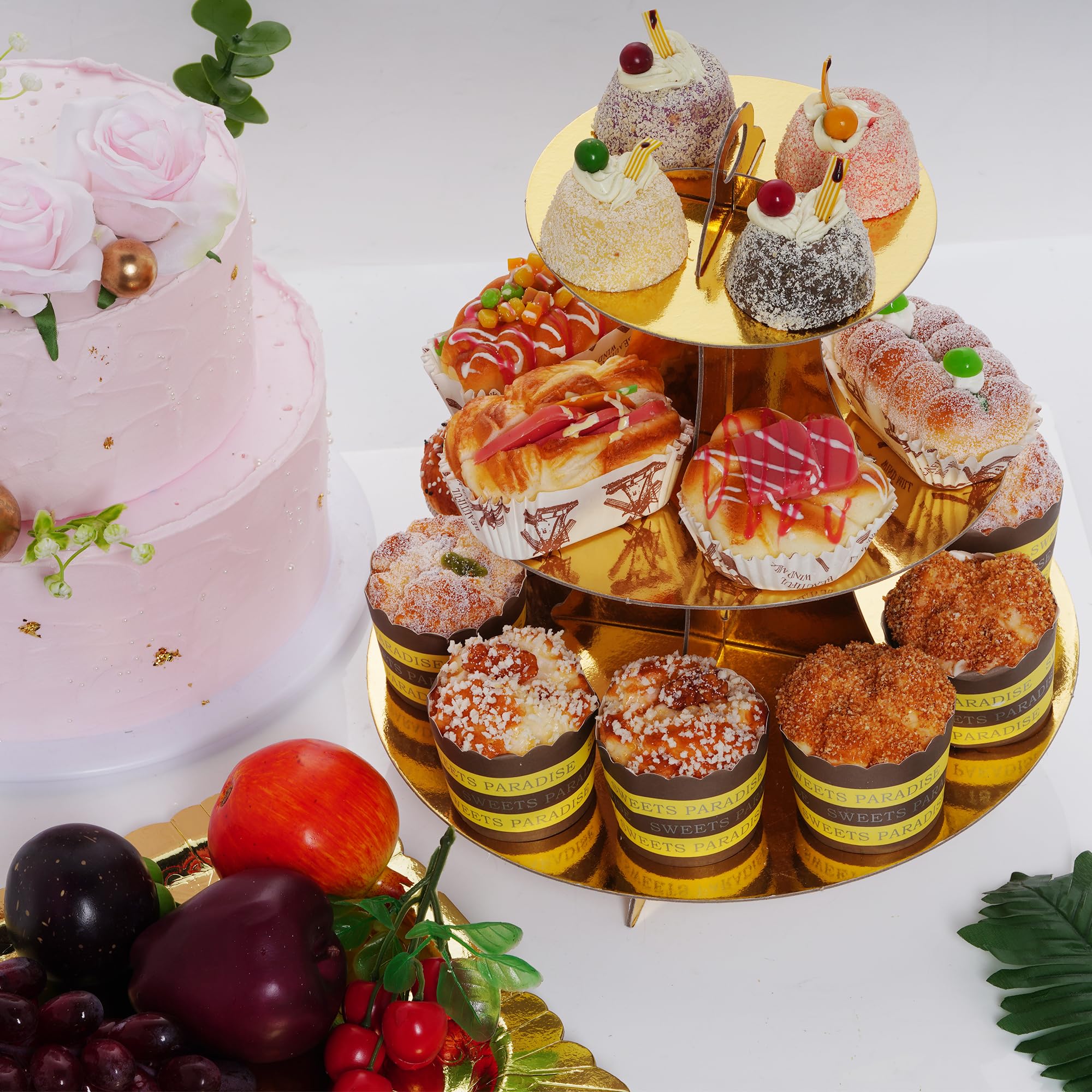 Rbenxia 7 Pieces Cake Stand Set 3-Tier Round Cardboard Cupcake Tower with Rectangle Serving Tray 1-Tier Round Cake Stand Dessert Holders for Birthday Party Wedding Bridal Shower (Gold)