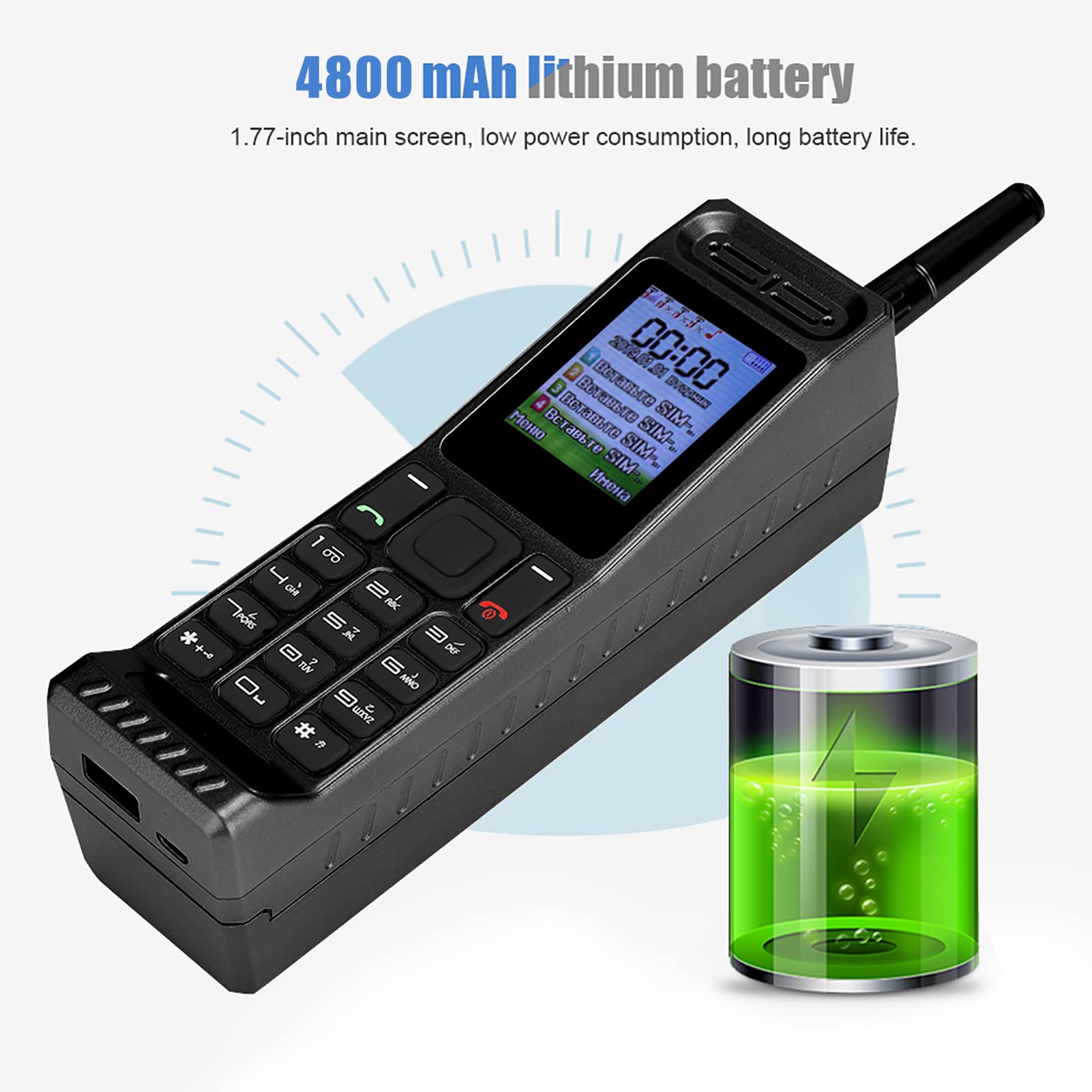 Retro Brick Shape Mobile Phone, W2 Unlocked Big Cellphone 2G Retro Bluetooth Cell Phone 1.77in Screen 4800mAh Power Bank Support Four Card Four Standby (Black)