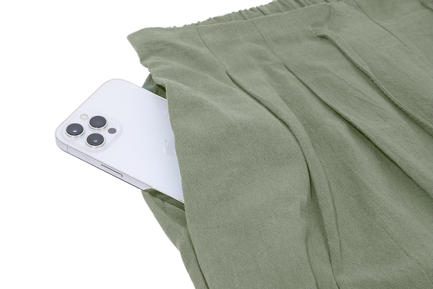 ebossy Women's Summer Drawstring Elastic Waist Cotton Linen Utility Beach Palazzo Pants Pockets (M, Green)