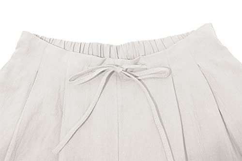 ebossy Women's Summer Drawstring Elastic Waist Cotton Linen Utility Beach Palazzo Pants Pockets (S, White)
