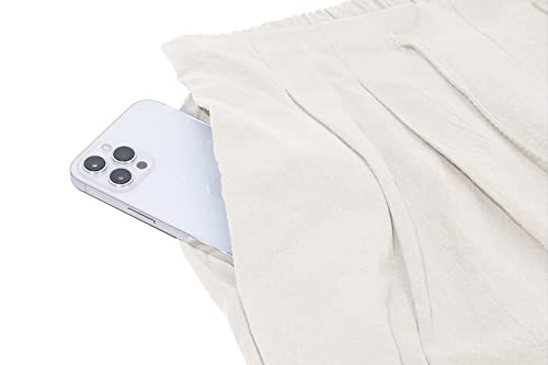 ebossy Women's Summer Drawstring Elastic Waist Cotton Linen Utility Beach Palazzo Pants Pockets (S, White)