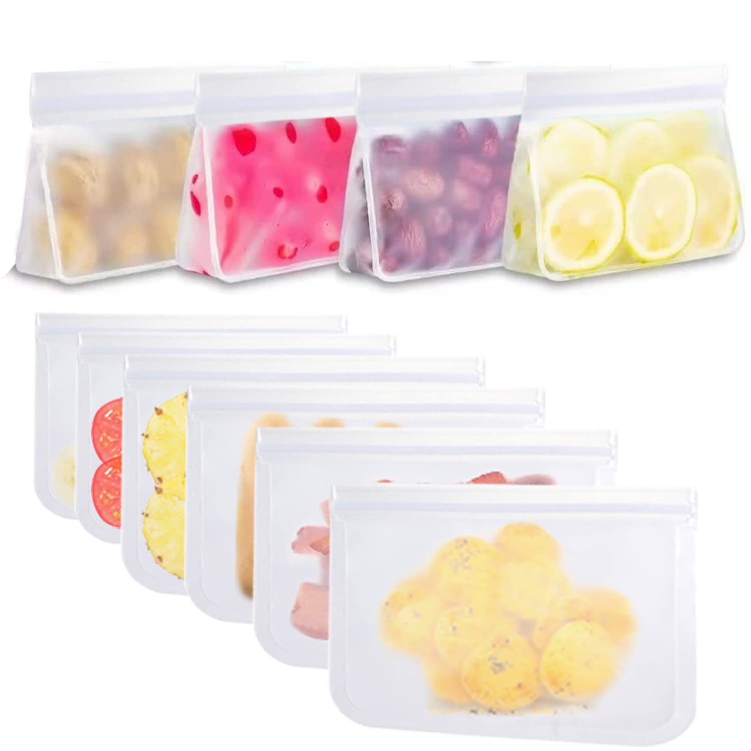 Lcjtop 10 Pack Reusable Food Storage Bags, 4 Stand Up & 6 Flat Ziplock Bags, Leakproof Reusable Freezer Bags & Plastic Free Zipper Bags for Meat Fruits and Vegetables