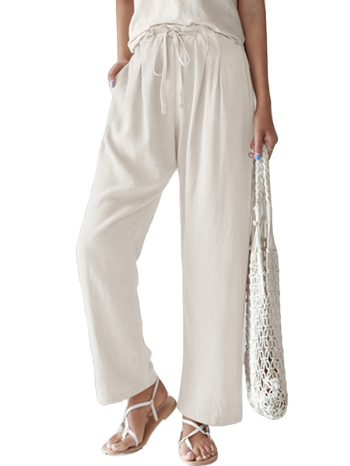 ebossy Women's Summer Drawstring Elastic Waist Cotton Linen Utility Beach Palazzo Pants Pockets (XL, White)