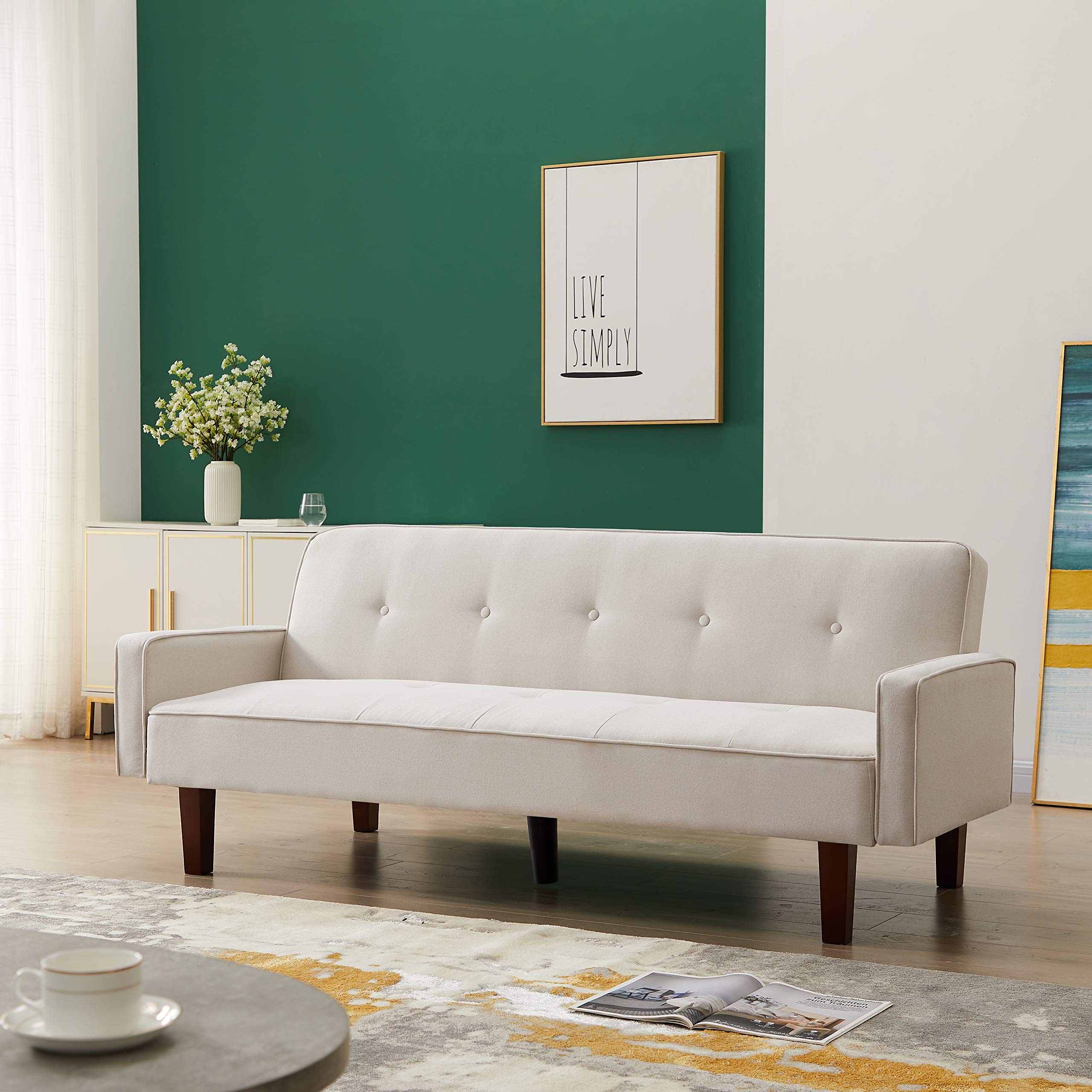 Eafurn Button Tufted Convertible Sofa Bed,Modern Linen Fabric Adjustable Couch Sleeper Modern Reversible Convertible Folding Lounge Couch Loveseat Daybed for Living Room with Solid Wood Legs