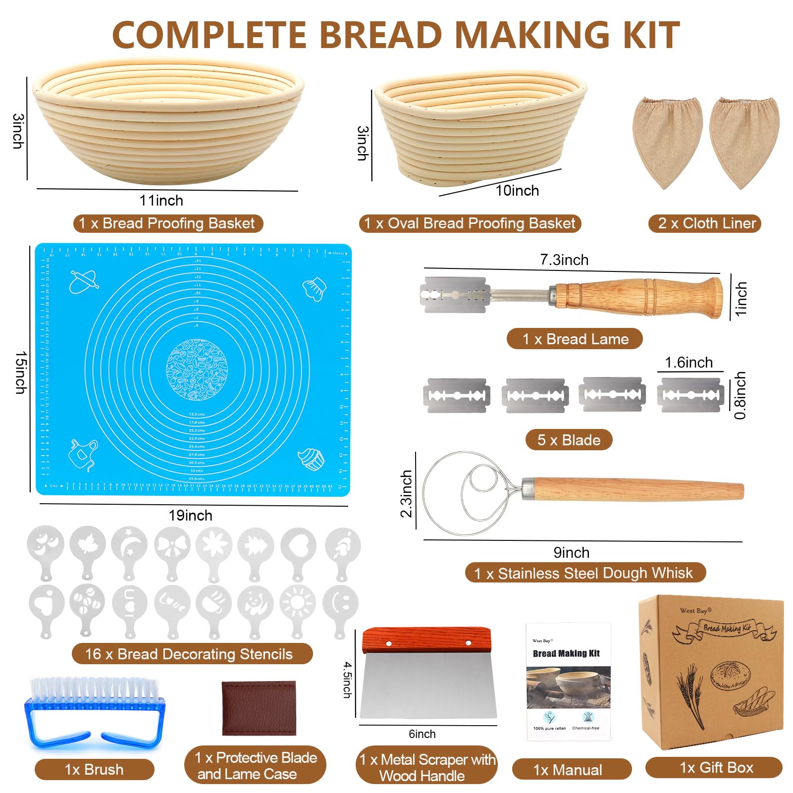 11'' Round & 10'' Oval Banneton Bread Proofing Basket Set, 32Pcs Cane Sourdough Bread Baking Supplies with Bread Lame, Dough Scraper, Linen Liner, Brush Stencil, Bread Making Kit for Christmas