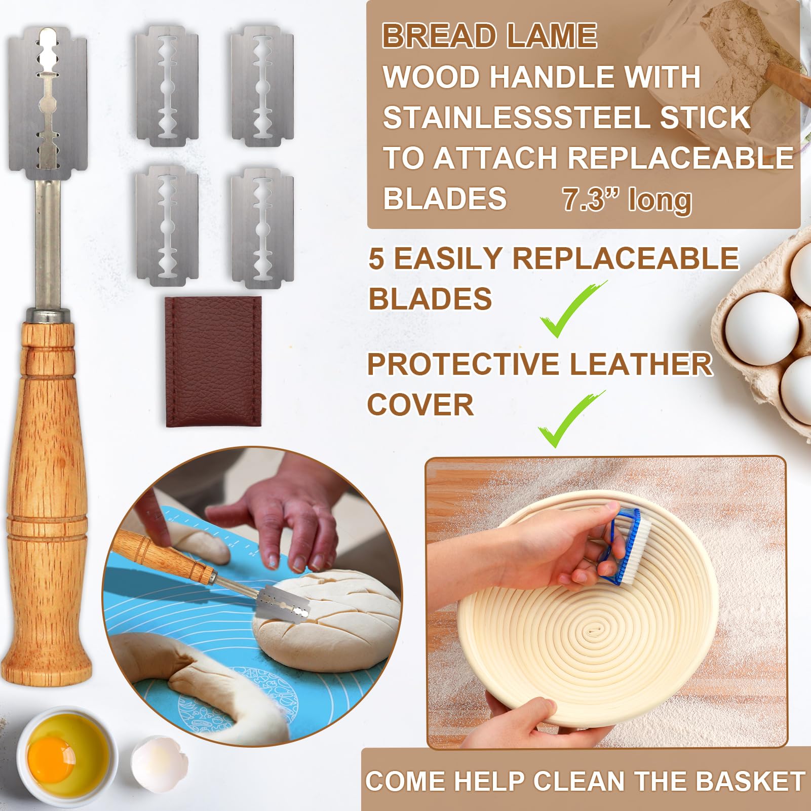 11'' Round & 10'' Oval Banneton Bread Proofing Basket Set, 32Pcs Cane Sourdough Bread Baking Supplies with Bread Lame, Dough Scraper, Linen Liner, Brush Stencil, Bread Making Kit for Christmas
