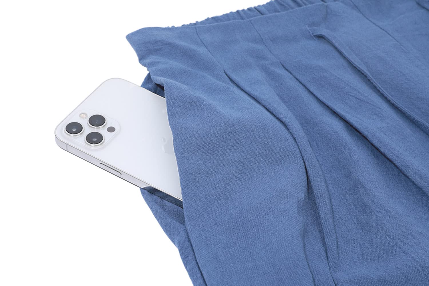 ebossy Women's Summer Drawstring Elastic Waist Cotton Linen Utility Beach Palazzo Pants Pockets (S, Blue)