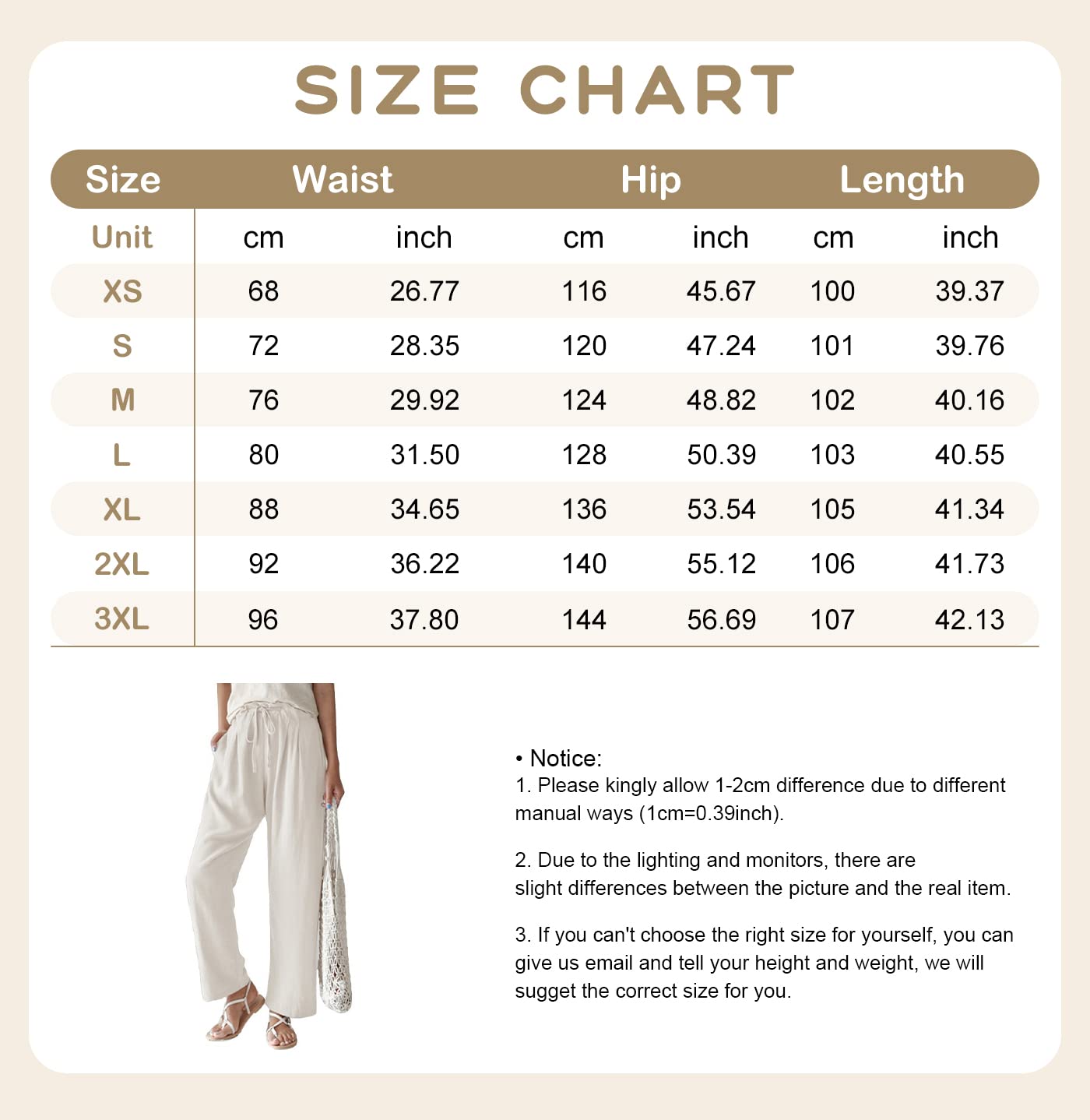 ebossy Women's Summer Drawstring Elastic Waist Cotton Linen Utility Beach Palazzo Pants Pockets (M, White)