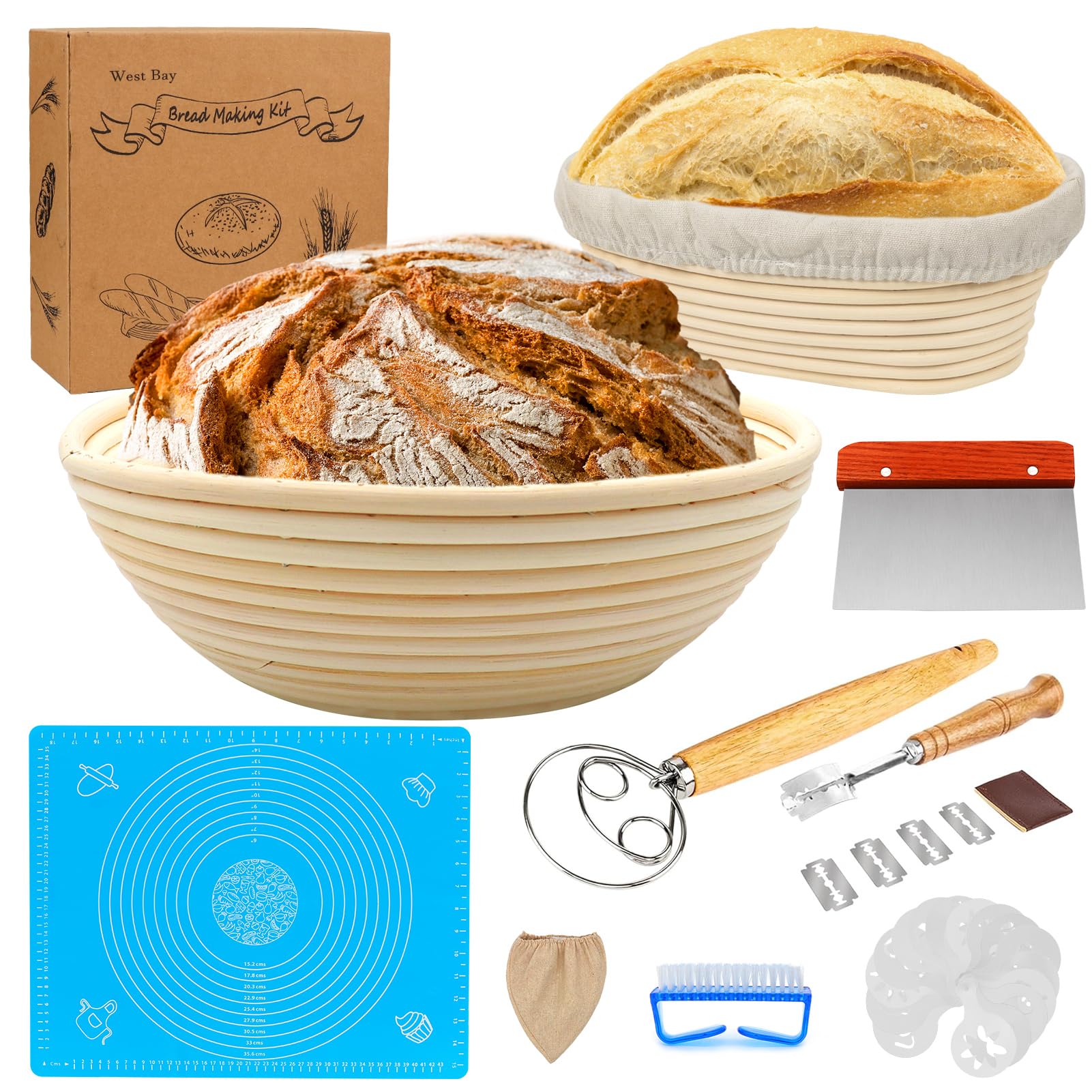 11'' Round & 10'' Oval Banneton Bread Proofing Basket Set, 32Pcs Cane Sourdough Bread Baking Supplies with Bread Lame, Dough Scraper, Linen Liner, Brush Stencil, Bread Making Kit for Christmas