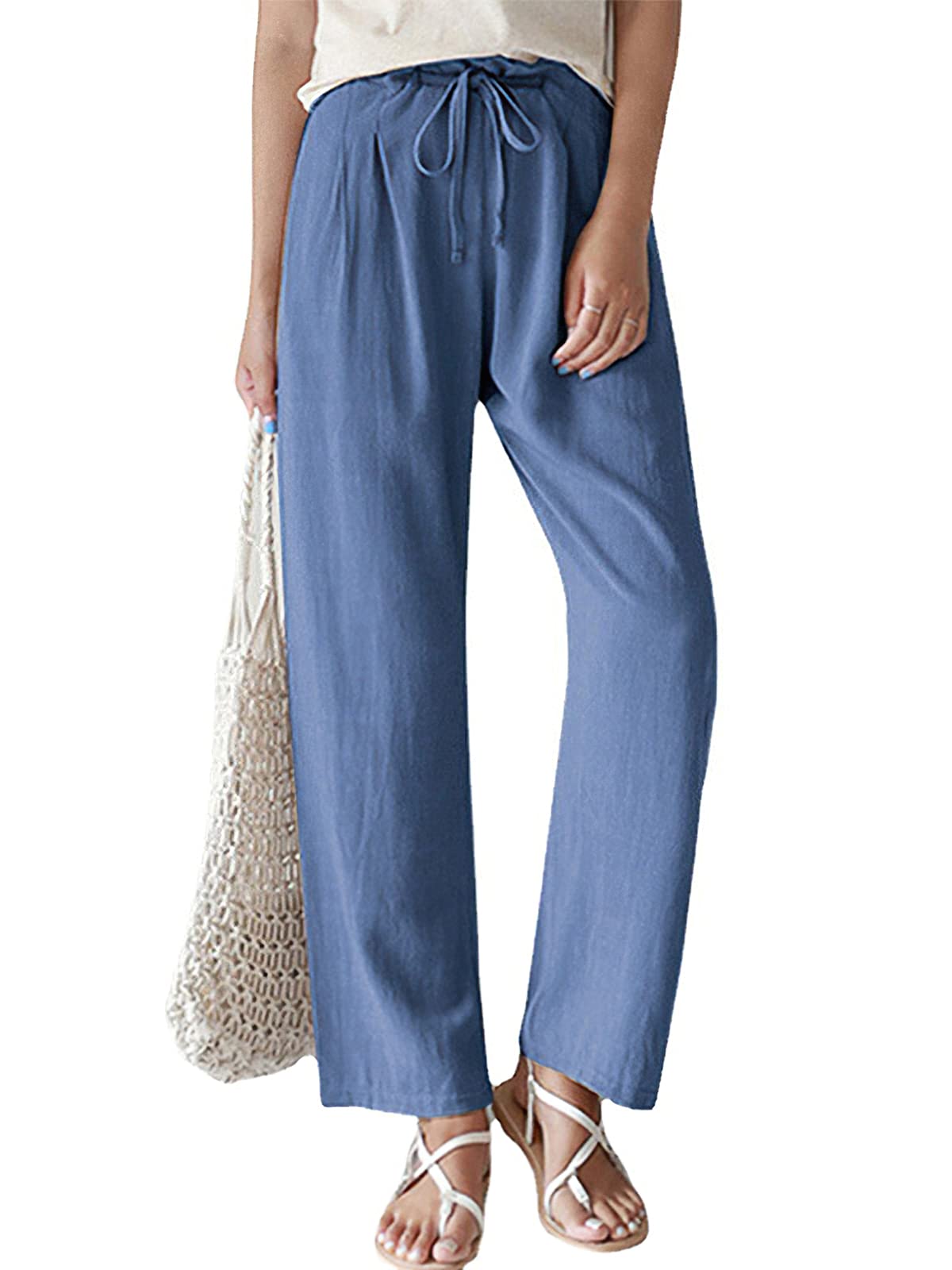 ebossy Women's Summer Drawstring Elastic Waist Cotton Linen Utility Beach Palazzo Pants Pockets (XL, Blue)