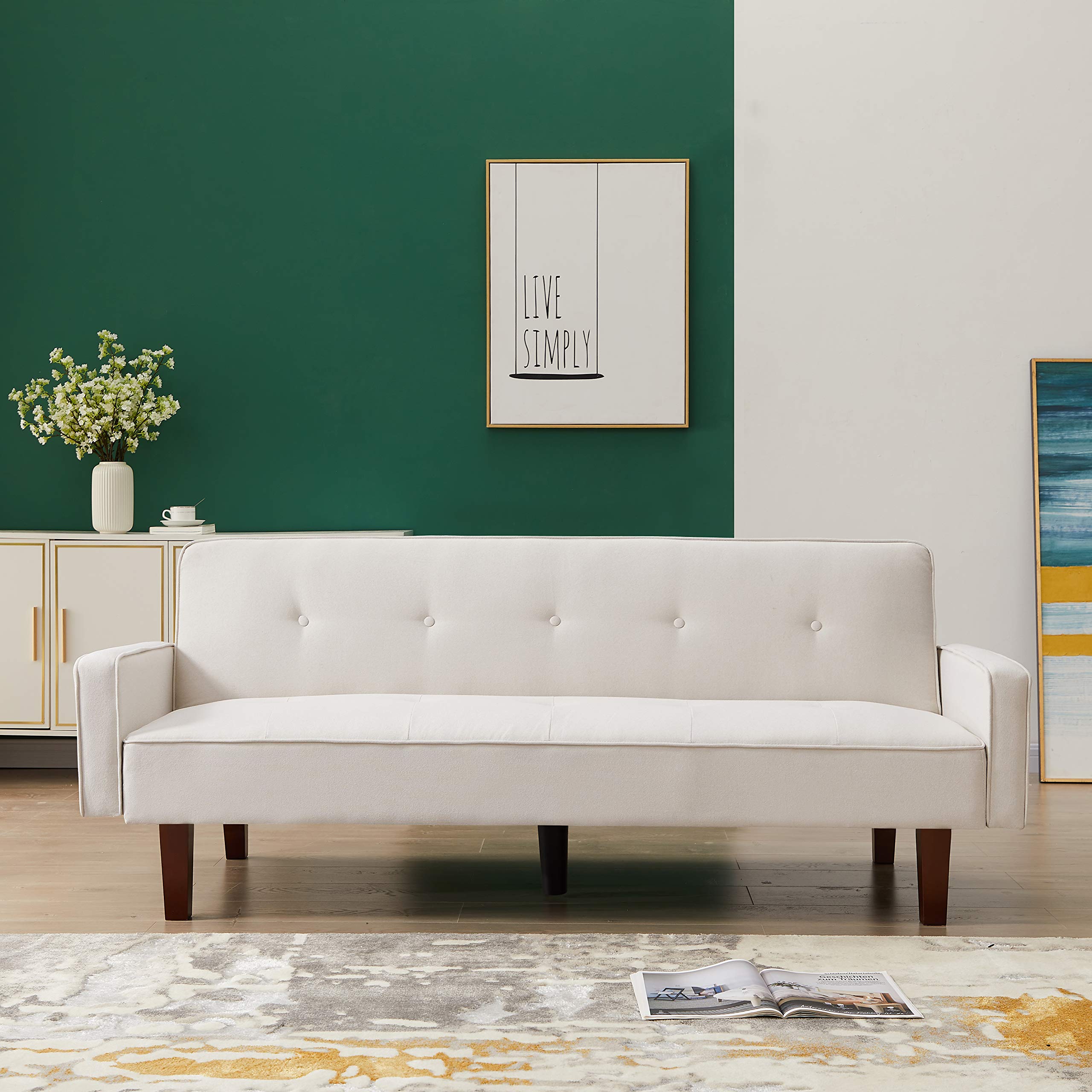 Eafurn Button Tufted Convertible Sofa Bed,Modern Linen Fabric Adjustable Couch Sleeper Modern Reversible Convertible Folding Lounge Couch Loveseat Daybed for Living Room with Solid Wood Legs