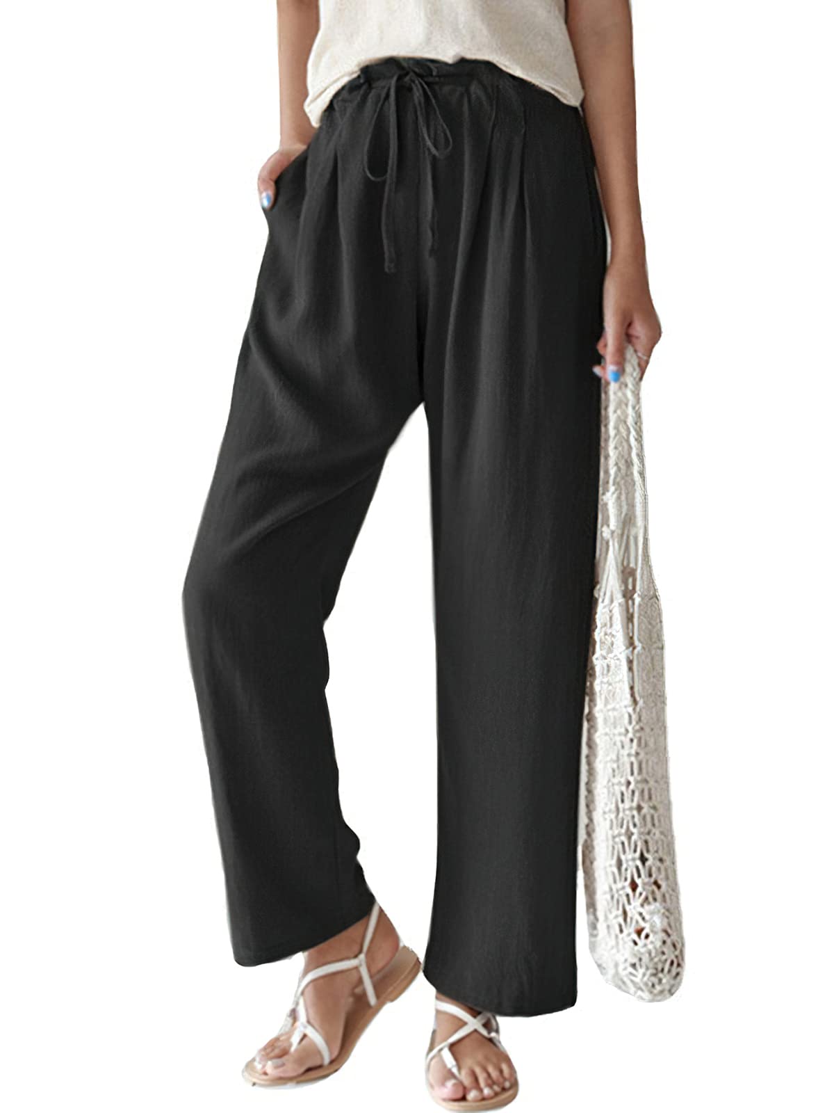 ebossy Women's Summer Drawstring Elastic Waist Cotton Linen Utility Beach Palazzo Pants Pockets (XL, Black)