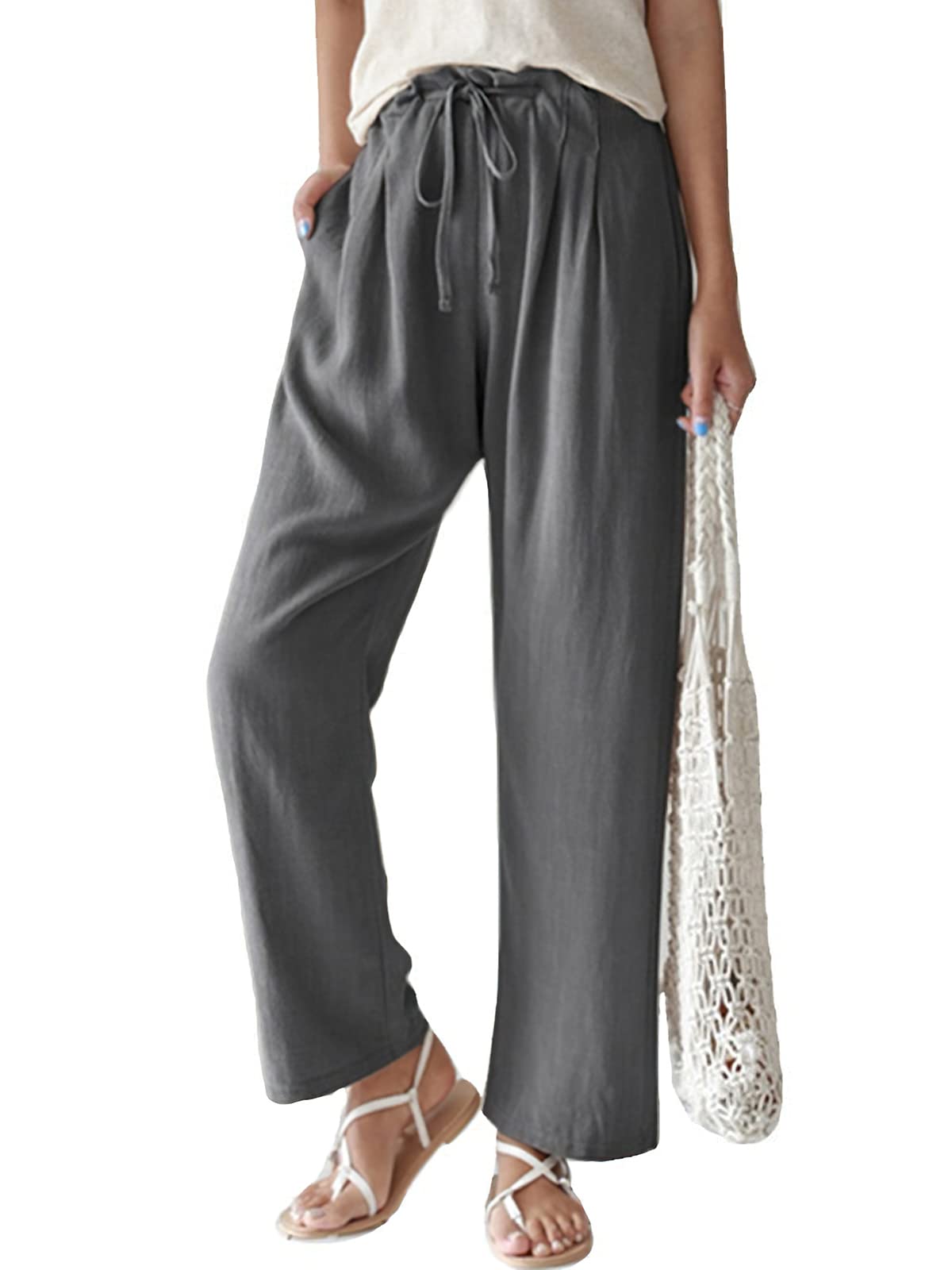 ebossy Women's Summer Drawstring Elastic Waist Cotton Linen Utility Beach Palazzo Pants Pockets (XL, Grey)