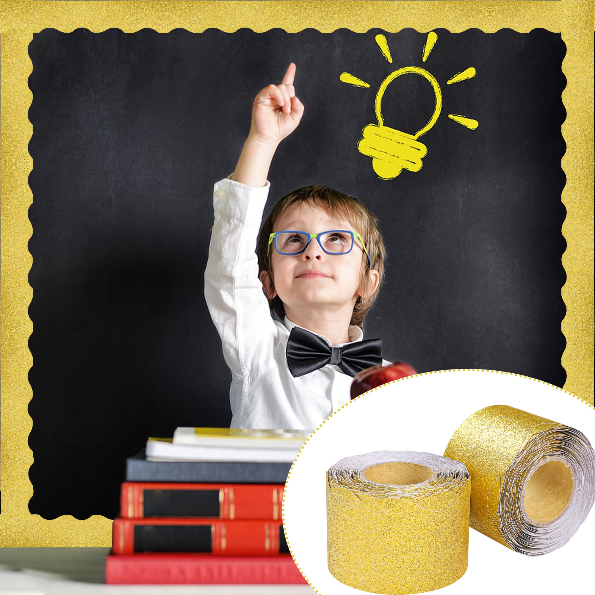 131 Ft Gold Glitter Bulletin Board Borders Gold Scalloped Bulletin Board Trims Shiny Decorative Border Trims Sparkle Self-Adhesive Border Stickers for Classroom School Home Office Blackboard Desk